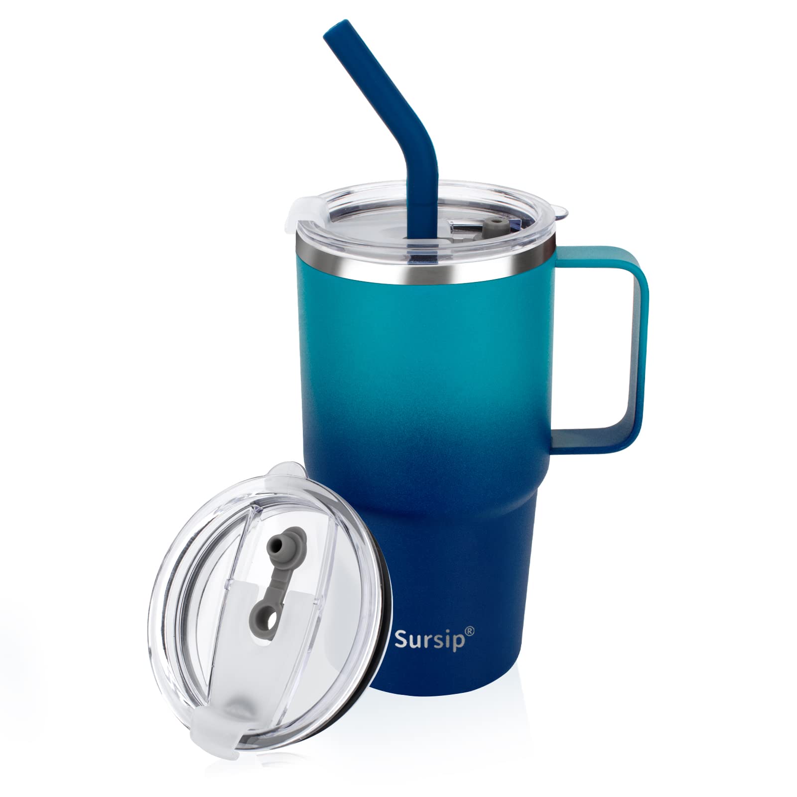 Sursip 24 oz Insulated Cup with Handle, Double Wall Vacuum Stainless Steel Tumbler with Straw and 2 Lids, For Cold/Hot Drinks, Coffee Travel Mug for Car/Home/Office/Party/Camping (Green&Navy-1 Pack)