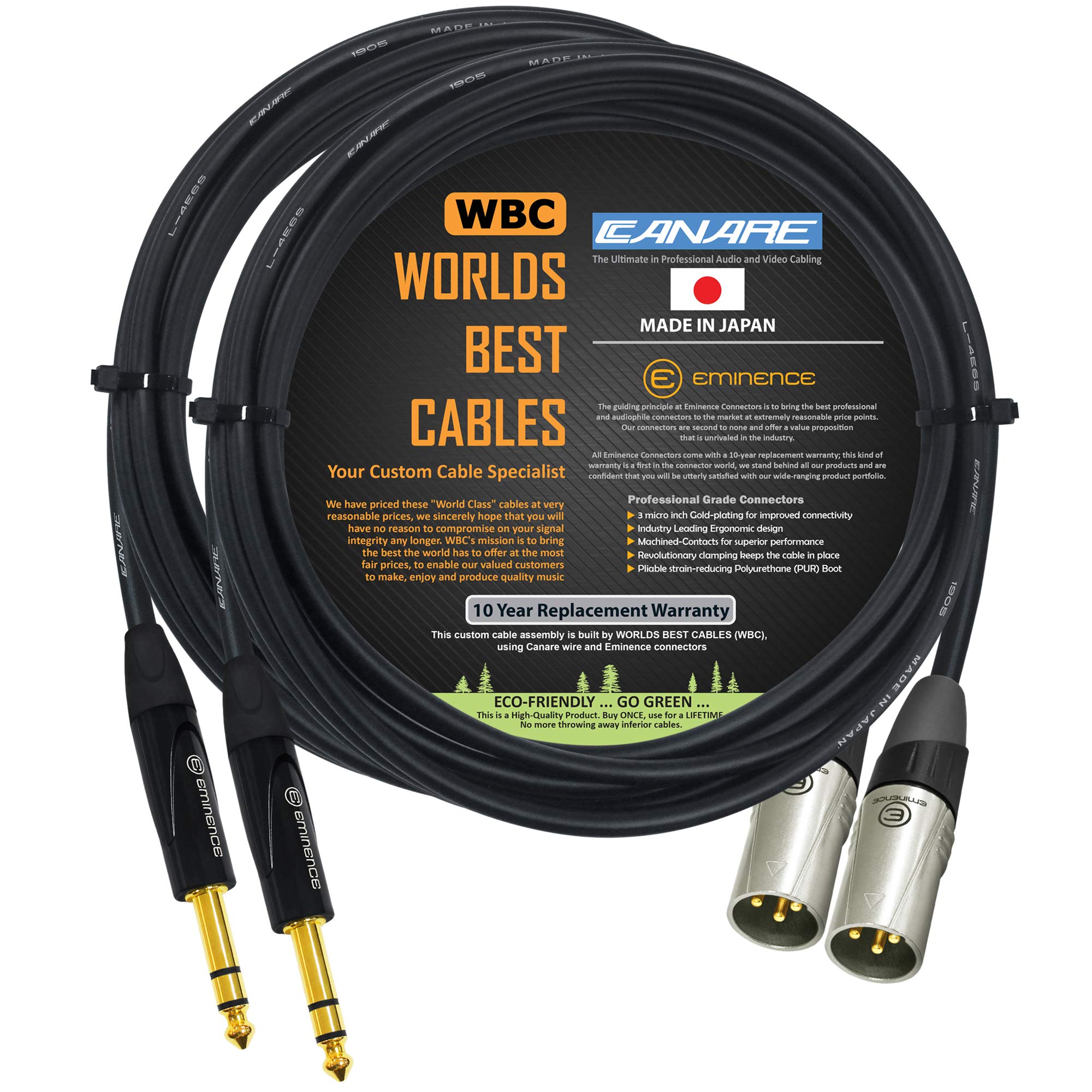 WORLDS BEST CABLES 2 Units - 10 Foot - Canare L-4E6S, Star Quad Balanced XLR to TRS Patch Cable with Eminence Gold E311 Male XLR & E502 TRS Stereo Plugs - Custom Made