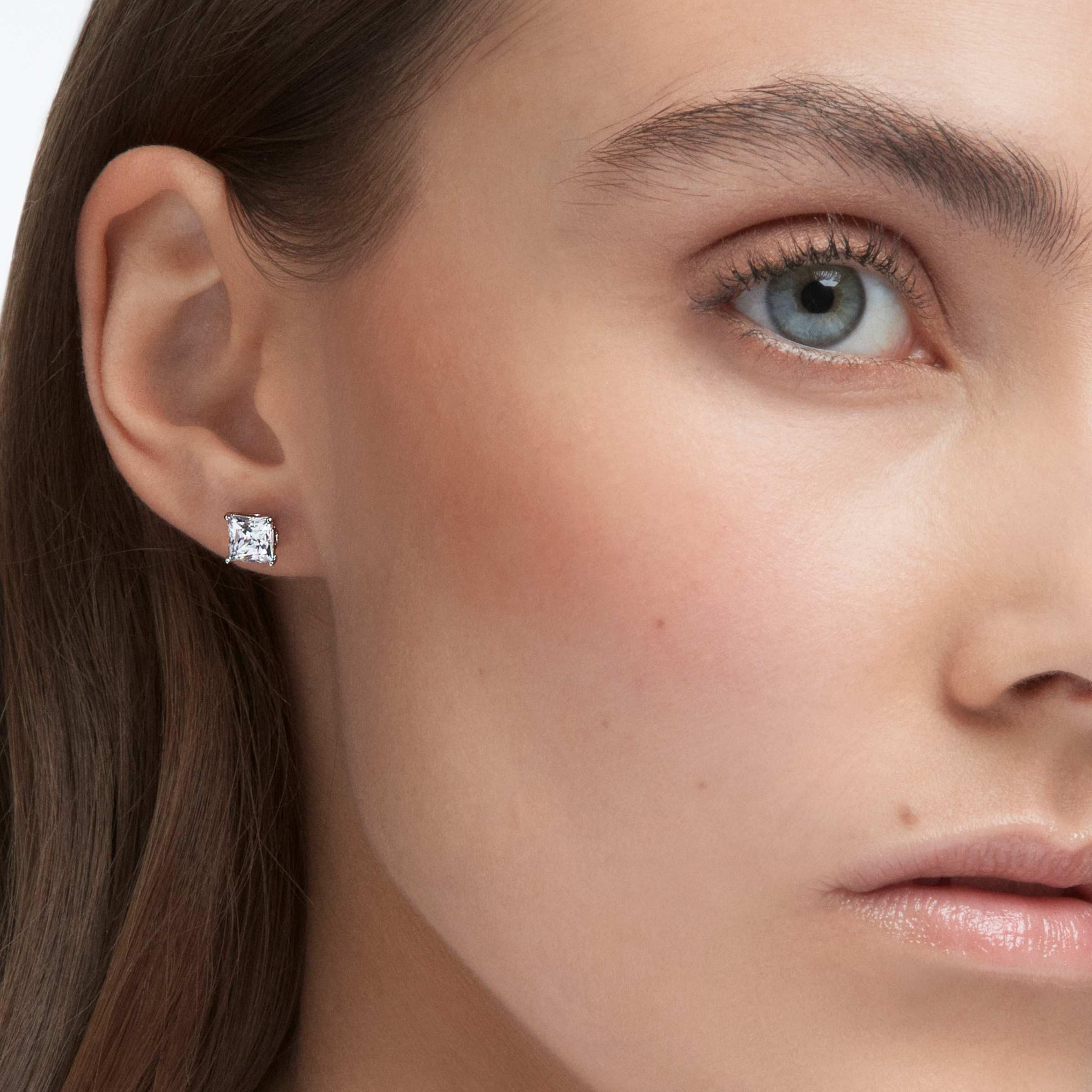Swarovski Attract Square Stud Pierced Earrings with Clear Crystals on a Rhodium Plated Setting with Butterfly Back Closure