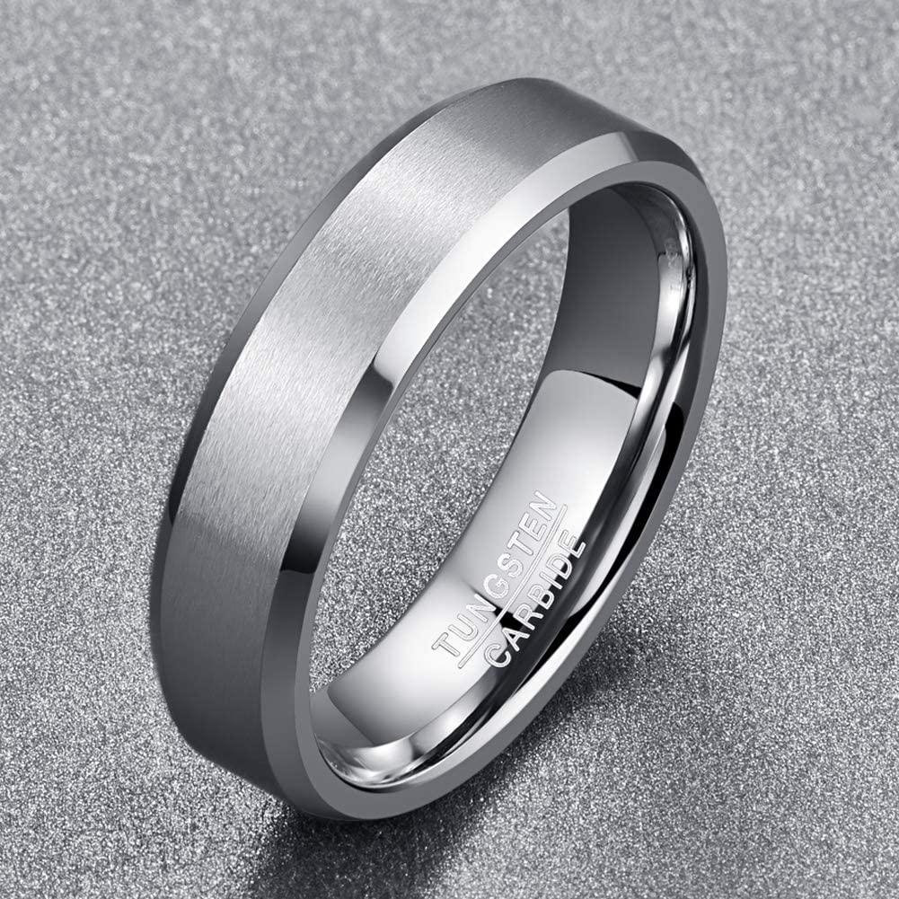 Vakki Womens Rings Silver Tungsten Carbide Engagement Ring Matte Finish 6mm Unisex Rings Polished Beveled Edge Comfort Fit Size 11.5