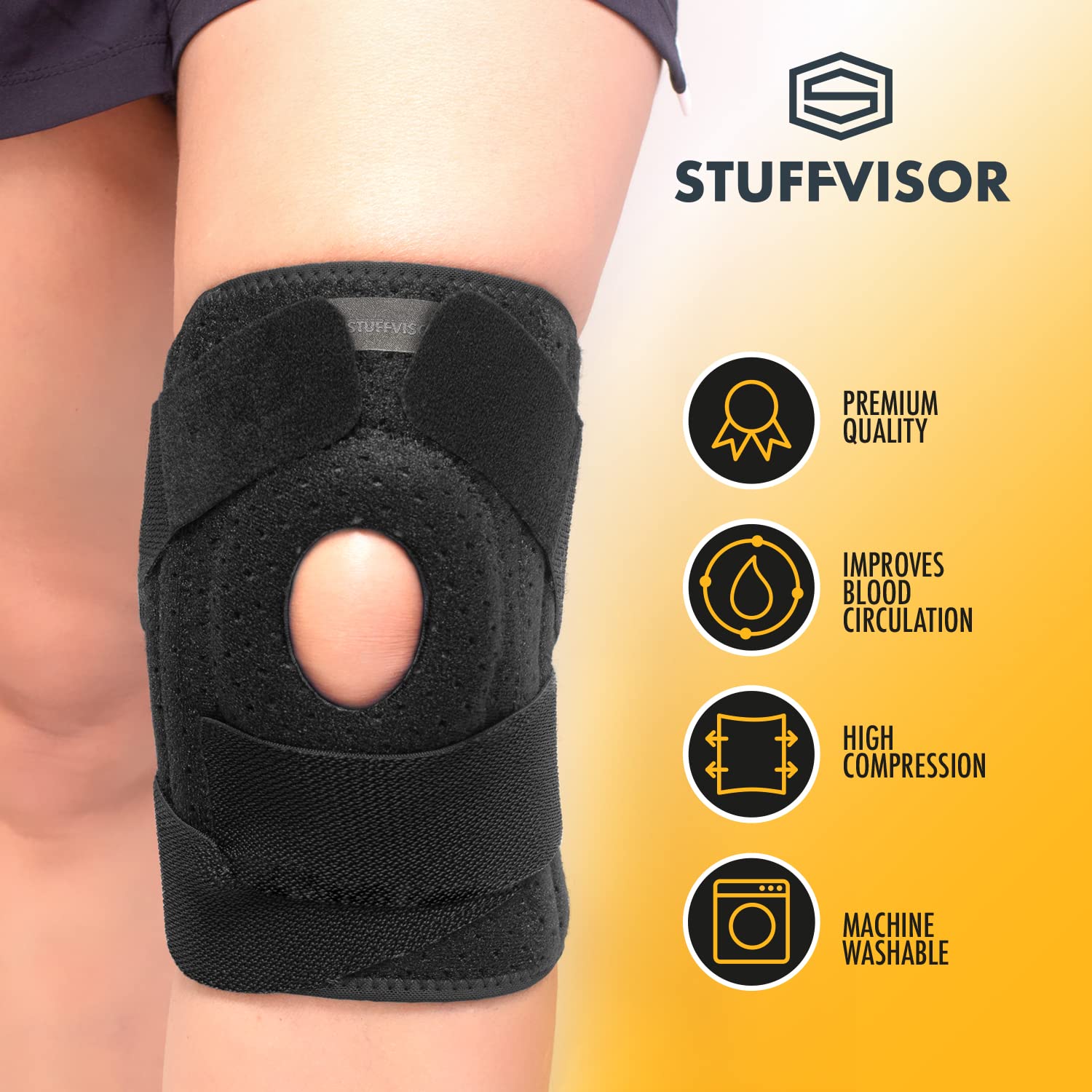 Stuffvisor Knee Brace for Meniscus Tear, Maximum Compression with side Stabilizers for Pain on Men and Women, Great for Arthritis Pain, Patella Gel Pad & Side Straps, Knee Sleeve, Onesize