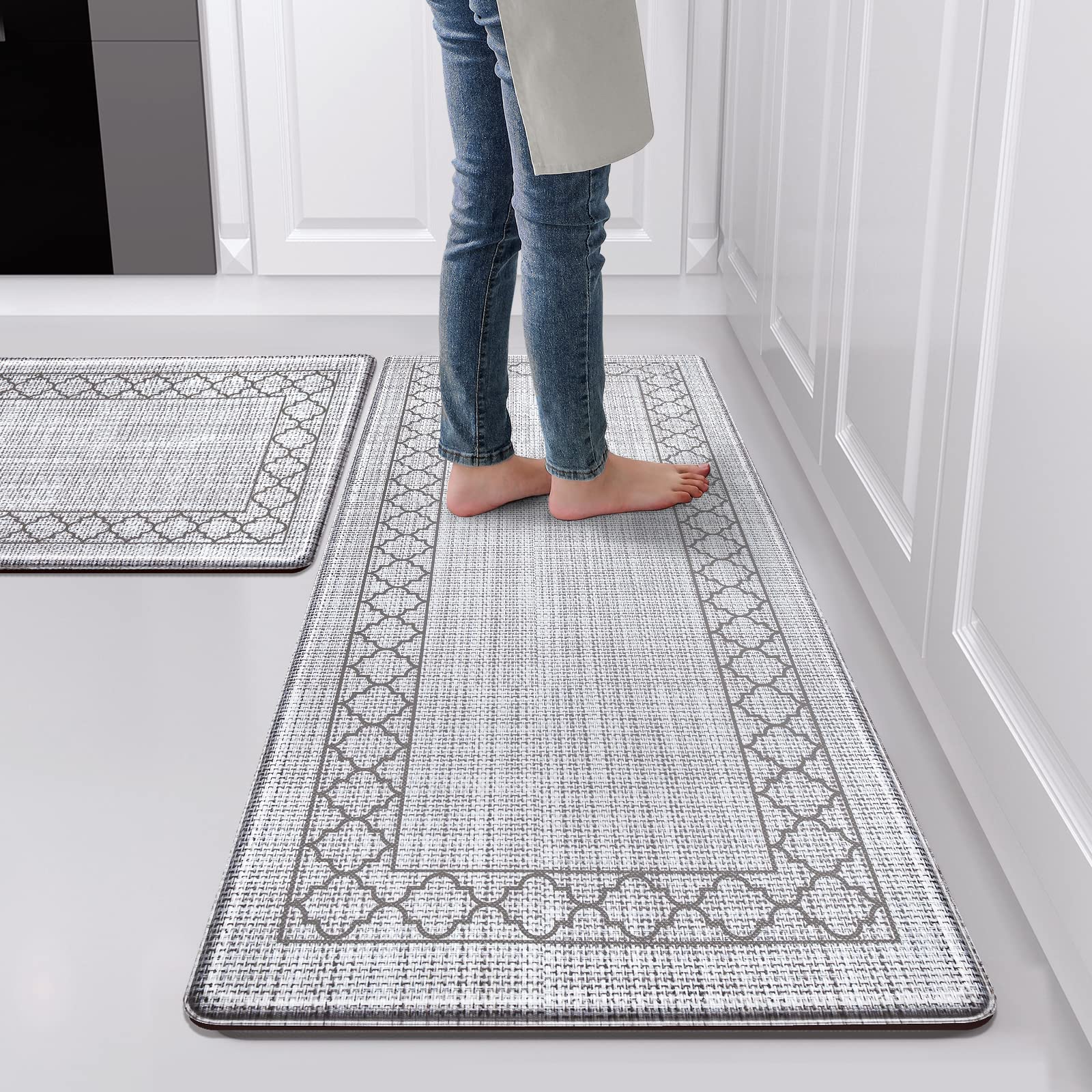 WEZVIX Kitchen Mat Anti Fatigue Kitchen Rug Non-Skid, 1/2Inch Waterproof Standing Mat [2 PCS], Cushioned Kitchen Mats and Rugs, Comfort Floor Mats for Home, Office, Sink, Laundry - Grey and Grey…