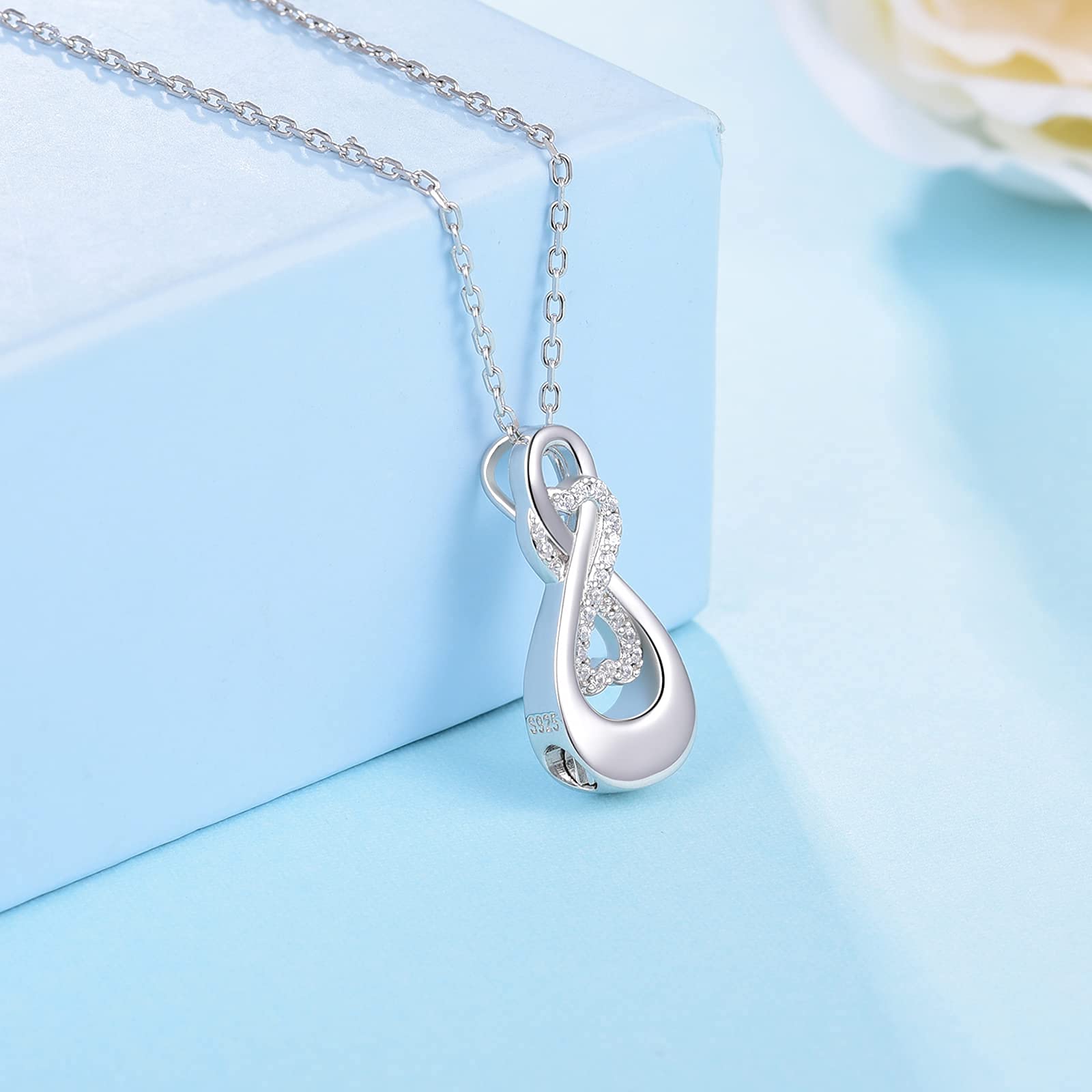 ZGBY S925 Sterling Silver Necklace for Ashes Infinity Urn Necklaces Teardrop Cremation Jewelry for Ashes Keepsake Memorial Pendant for Women Men Loved Ones (White)
