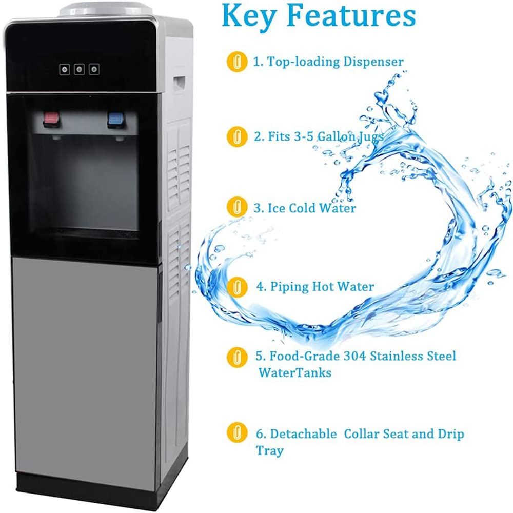 Top Loading Water Cooler Dispenser, Hot and Cold Water Cooler Dispenser, Holds 3 & 5 Gallon Bottles, Removable Drip Tray & Storage Cabinet Perfect for Homes Offices Living Room Kitchen(Black)