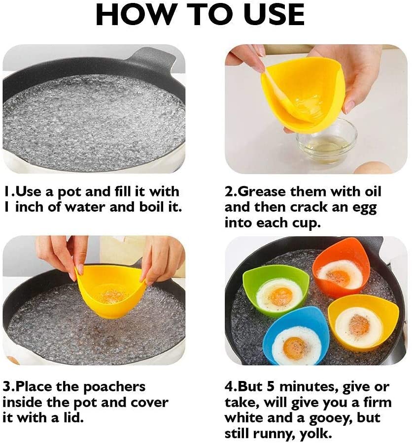 YomiFamily 4 Pack Silicone Egg Poacher Cups with Ring Standers, Nonstick Egg Poaching Cups for Air Fryer, Baking oven or Stovetop Egg Cooking, BPA Free