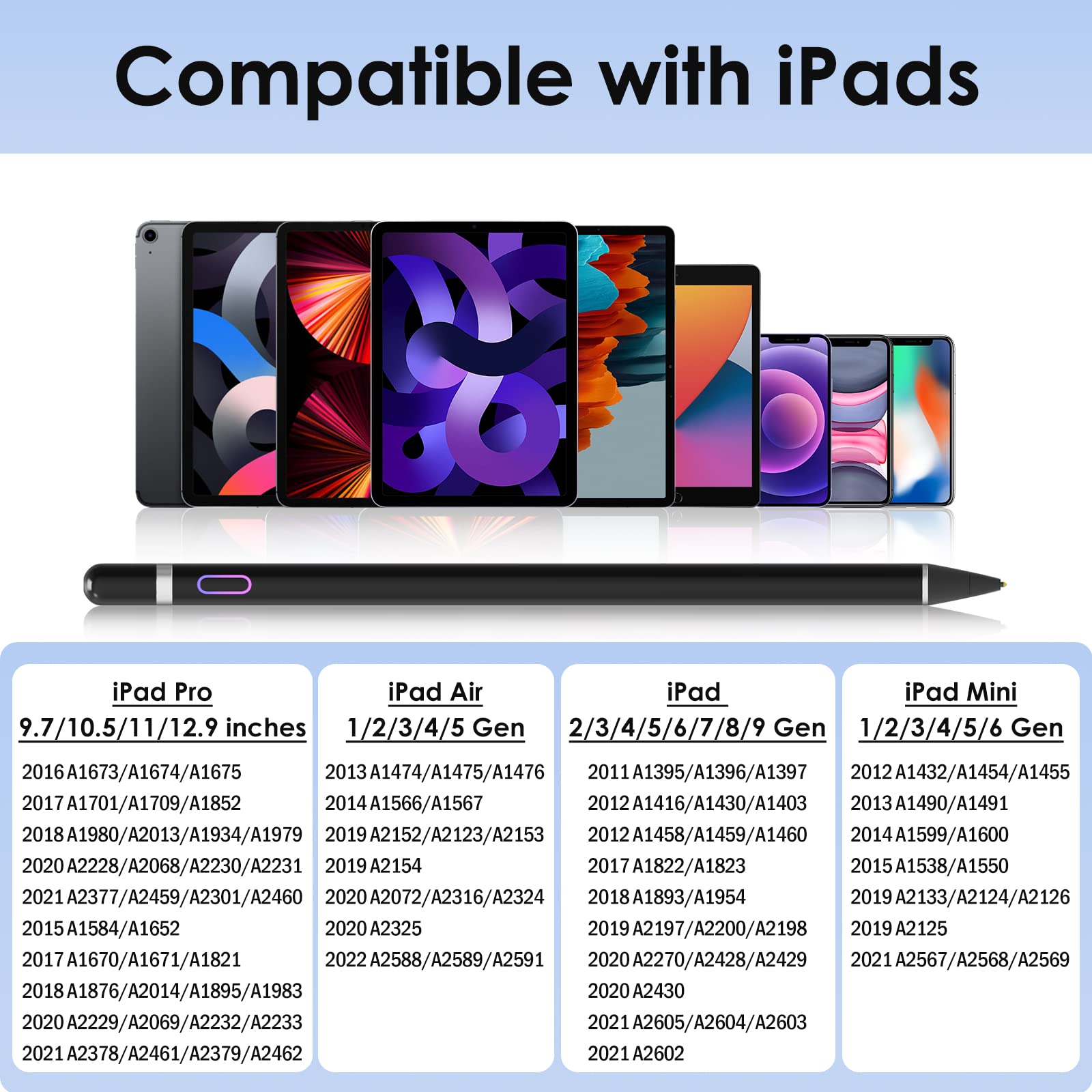 Stylus Pen for iPad, Active Pencil Compatible with Apple iPad Pro 9.7/10.5/11/12.9 Inch Air 2nd/3rd/4th iPad 4/5/6/7/8/9th Gen Mini 4/5/6th Alternative Drawing Writing Stylist for Touch Screens