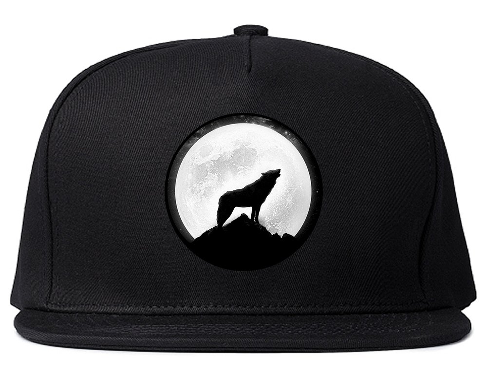 Wolf Howling Moon Circle Snapback Hat Cap Black