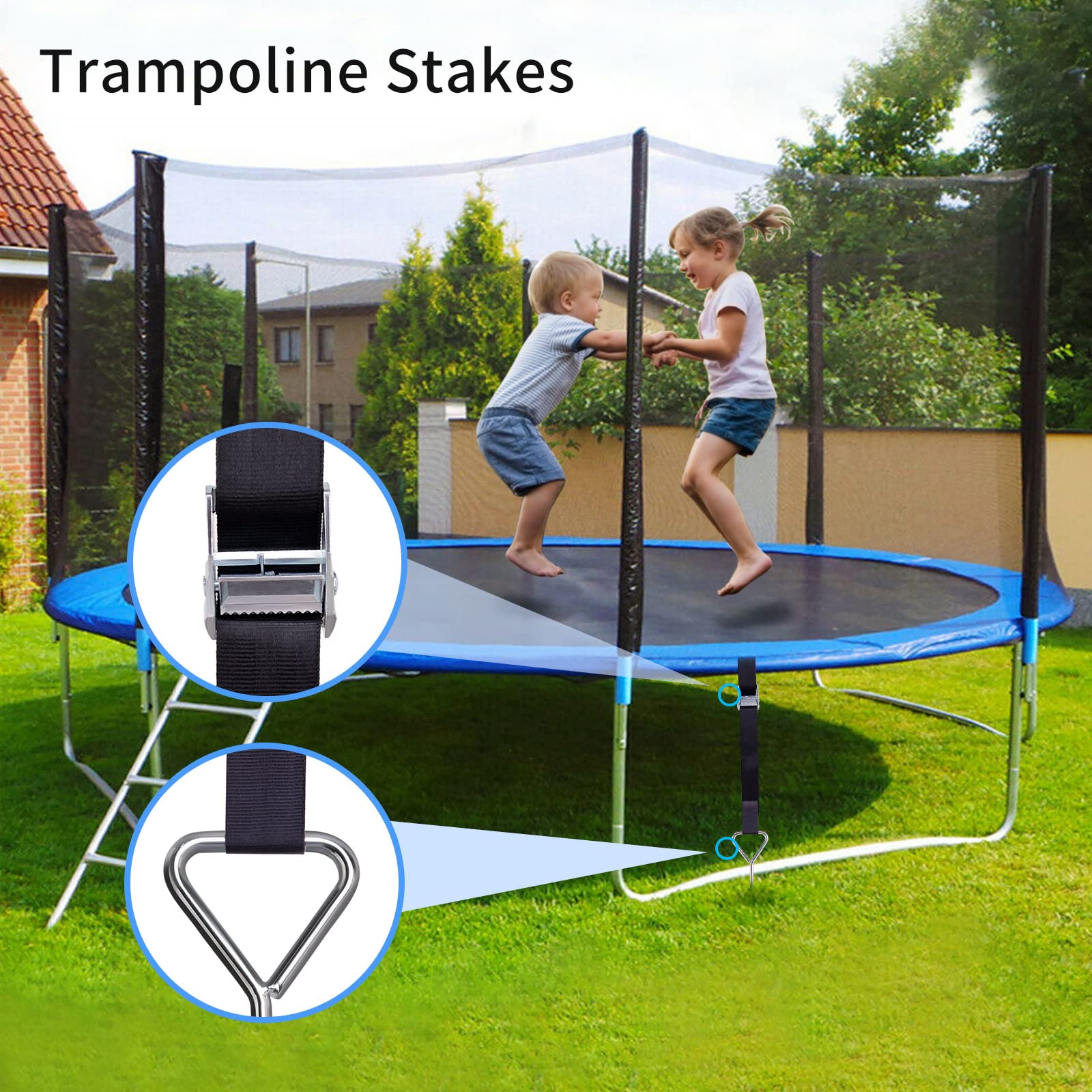 Uekars Trampoline Stakes, Corkscrew Shape Trampoline Anchor kit Steel Spiral Stakes,Heavy Duty Trampoline Parts Tie Down Kit Ground Wind Stake with Belt Straps for Trampolines Tents Swing Set of 4