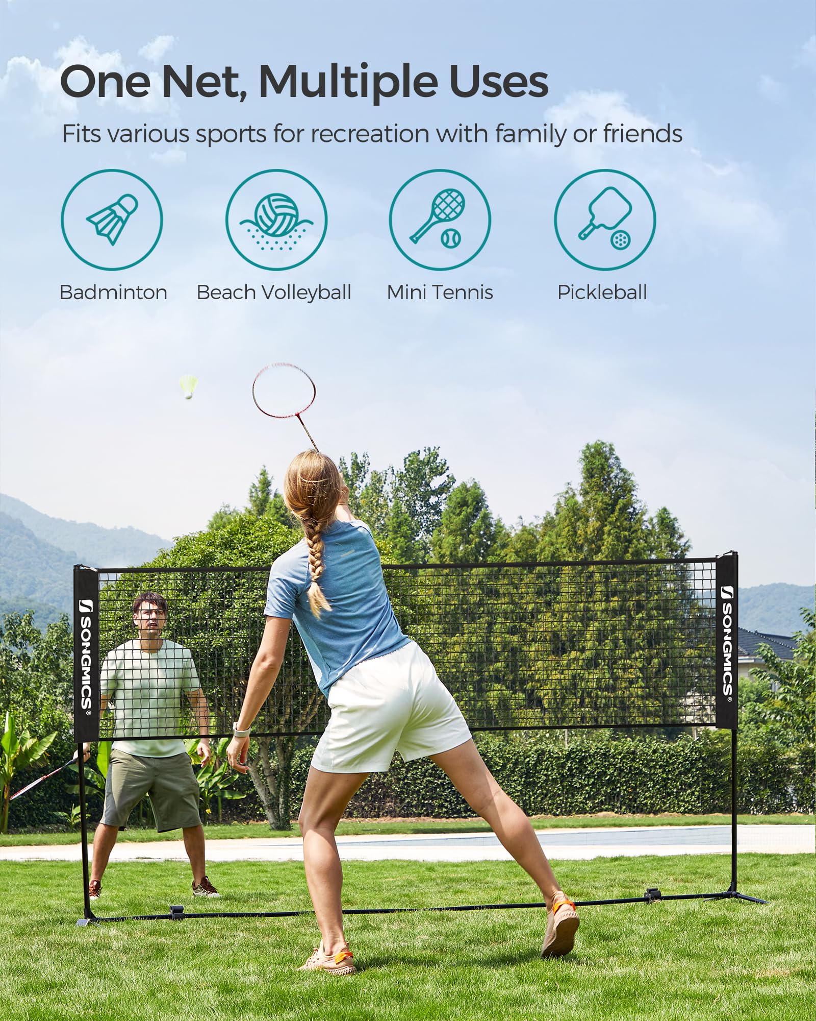 SONGMICS 10 ft Badminton Net, Height Adjustable Volleyball Net, Pickleball Net with Poles, Foldable Nylon Net for Tennis Indoor Outdoor Court, Black USYQ300HV1