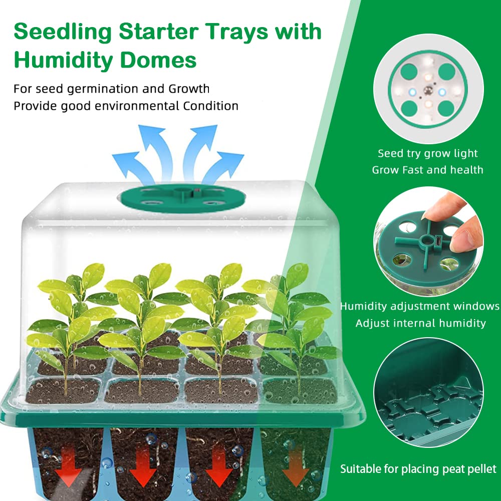 Seed Starter Tray with Grow Light, 5pcs Seed Starter Kit with Grow Light, Seeding Starter Trays with Humidity Domes, Plant Starter Trays Covers Height 3.9", Indoor Gardening Plant Germination Trays
