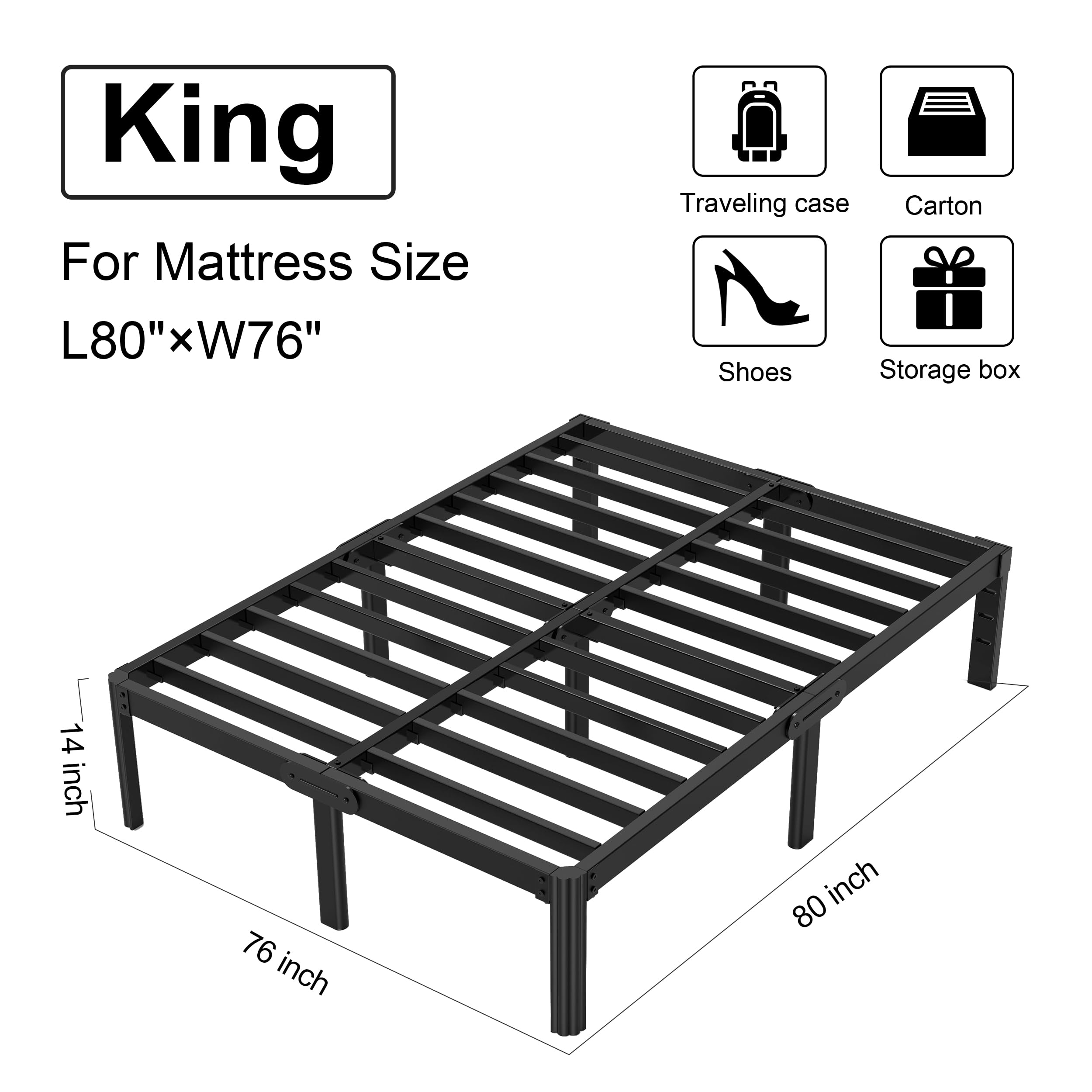VHAHA 14 Inch Metal King Size Platform Bed Frame No Box Spring Needed, Round Corner Leg, Heavy Duty Sturdy Black Bedframe, Steel Slat Support, Noise Free