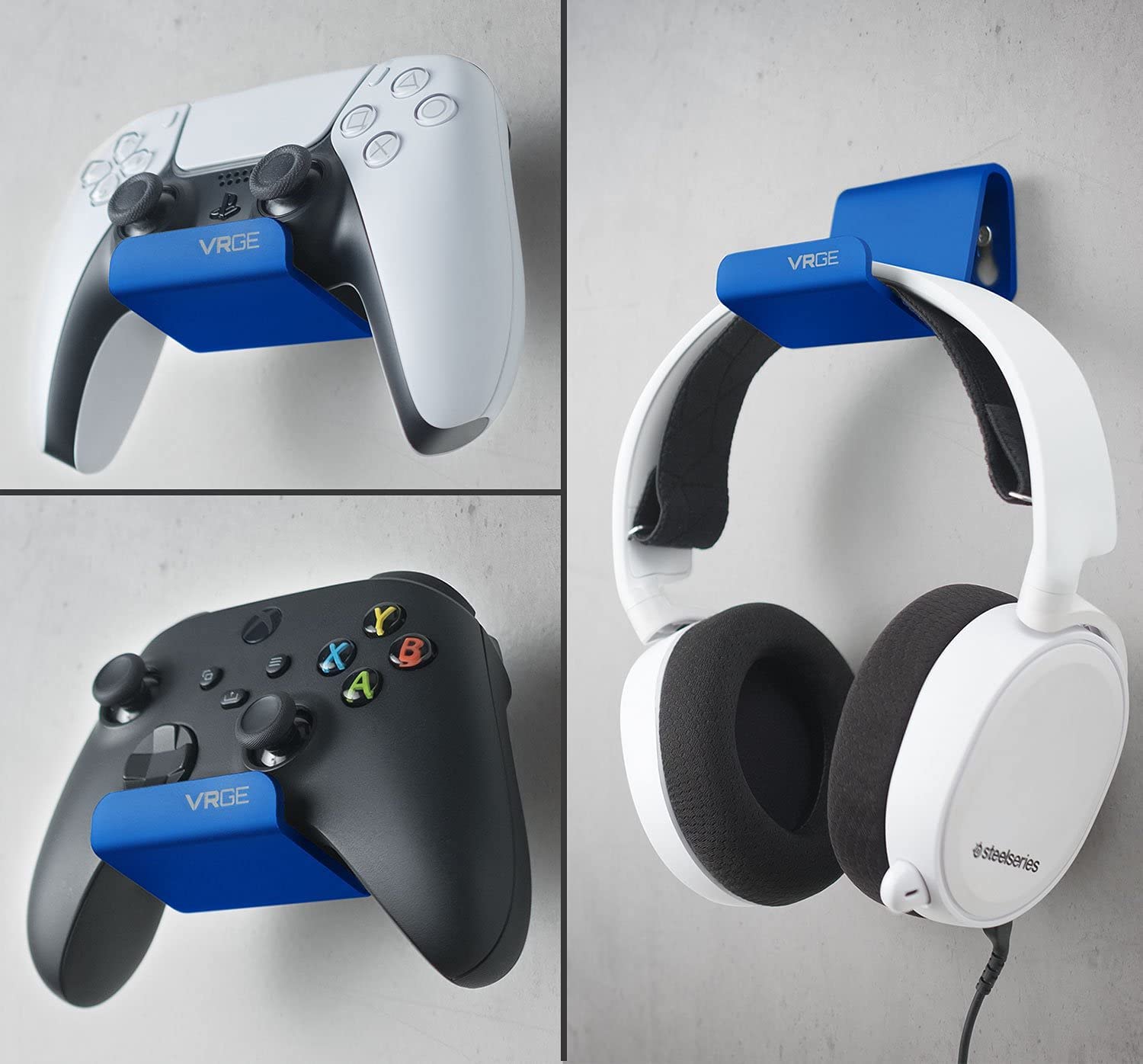 VRGE - Magnetic Game Controller Wall Mount - Premium Anodized Aluminum USB Charging Station Stand and Charger Cable Cord Holder Mount For Sony PlayStation 5 4 Xbox Headphones - Blue Anodized