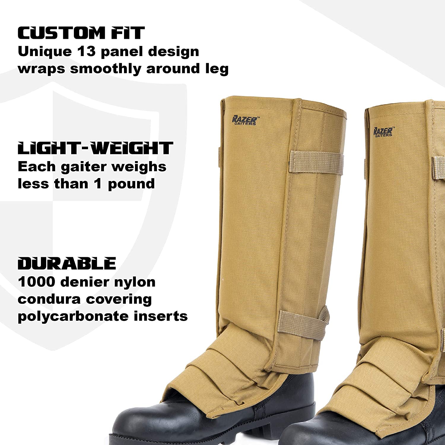 Razer Snake Gaiters for Hiking and Hunting - Snake Bite Protection Guards for Lower Legs with Storage Bag, Heavy Duty, Adjustable, Lightweight Design fits Men and Women - Lab Tested in USA (Tan)