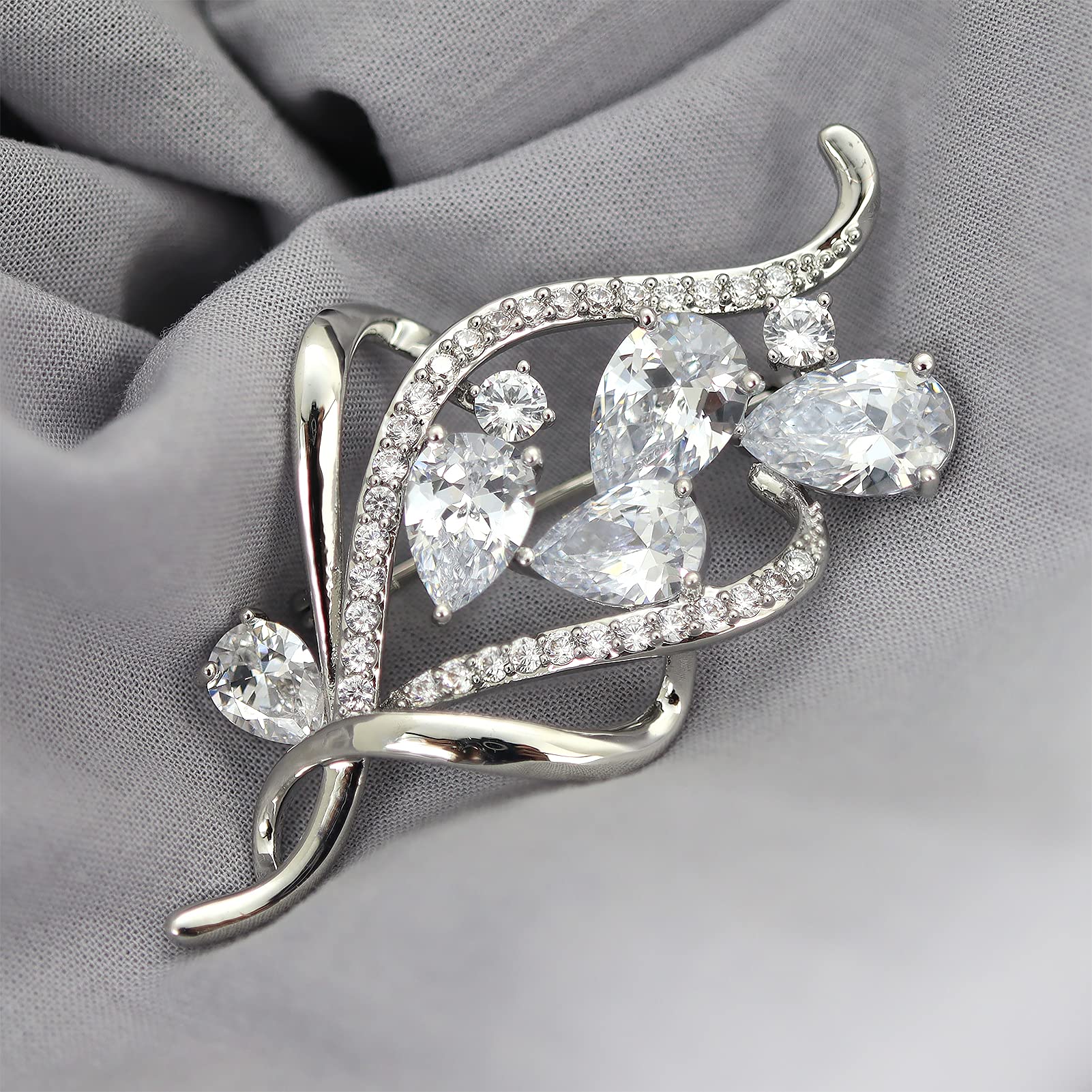 Zirconia Crystal Flower Brooches Pins for Women bouquets Costume Jewelry Gifts (silver)
