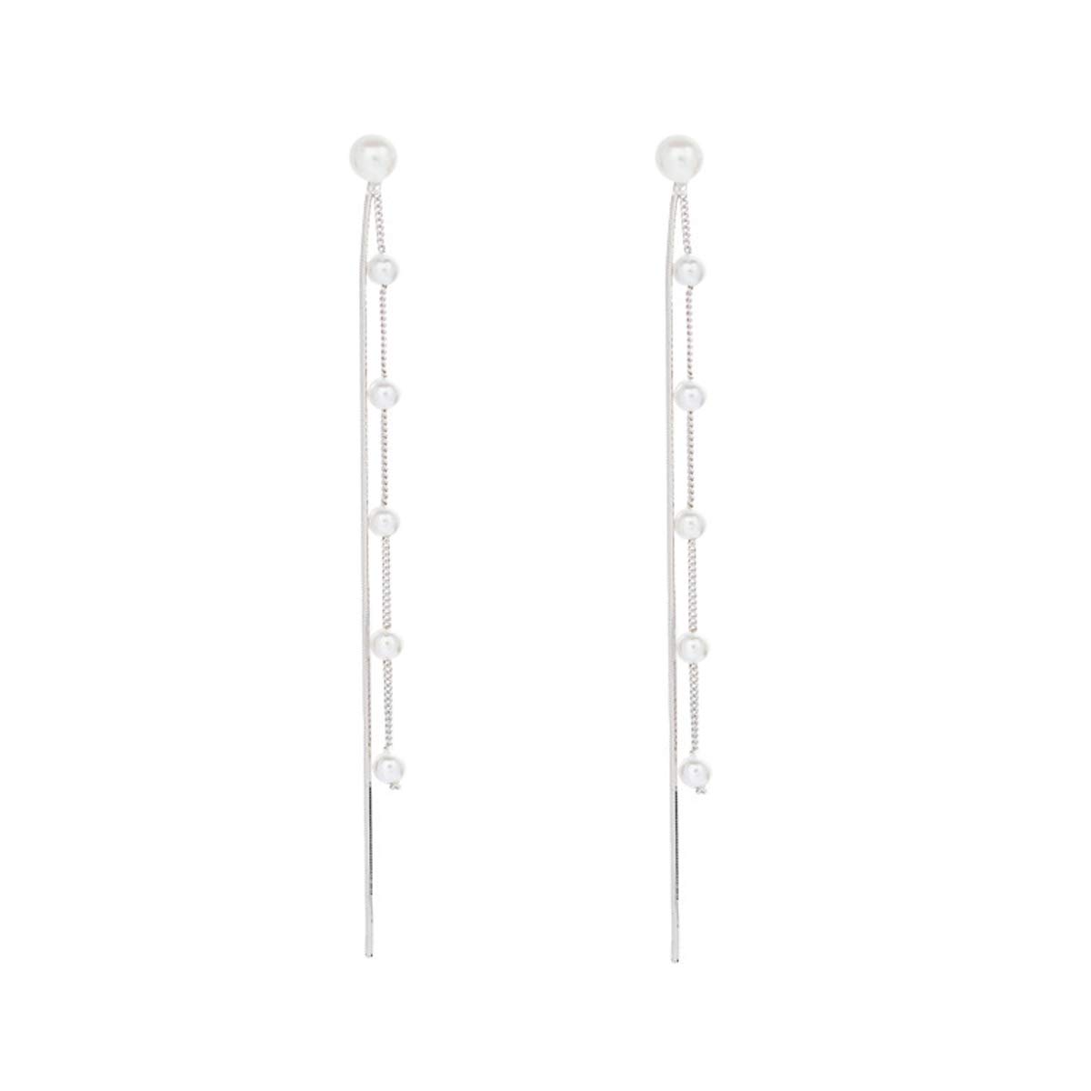SLUYNZ 925 Sterling Silver Simulated Shell Pearl Dangle Earrings Chain for Women Elegant Long Dangle Earrings Tassel Wedding Dangle Earrings (A-Silver)