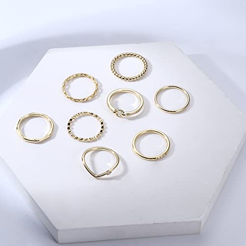 Subiceto 10PCS 14K Gold Plated Stacking Rings for Women Teens Stackable Knuckle Gold Band Ring Simple Plain Twist Thumb Thin Gold Rings Pack Wave Heart Joint Finger Ring Set Size 9
