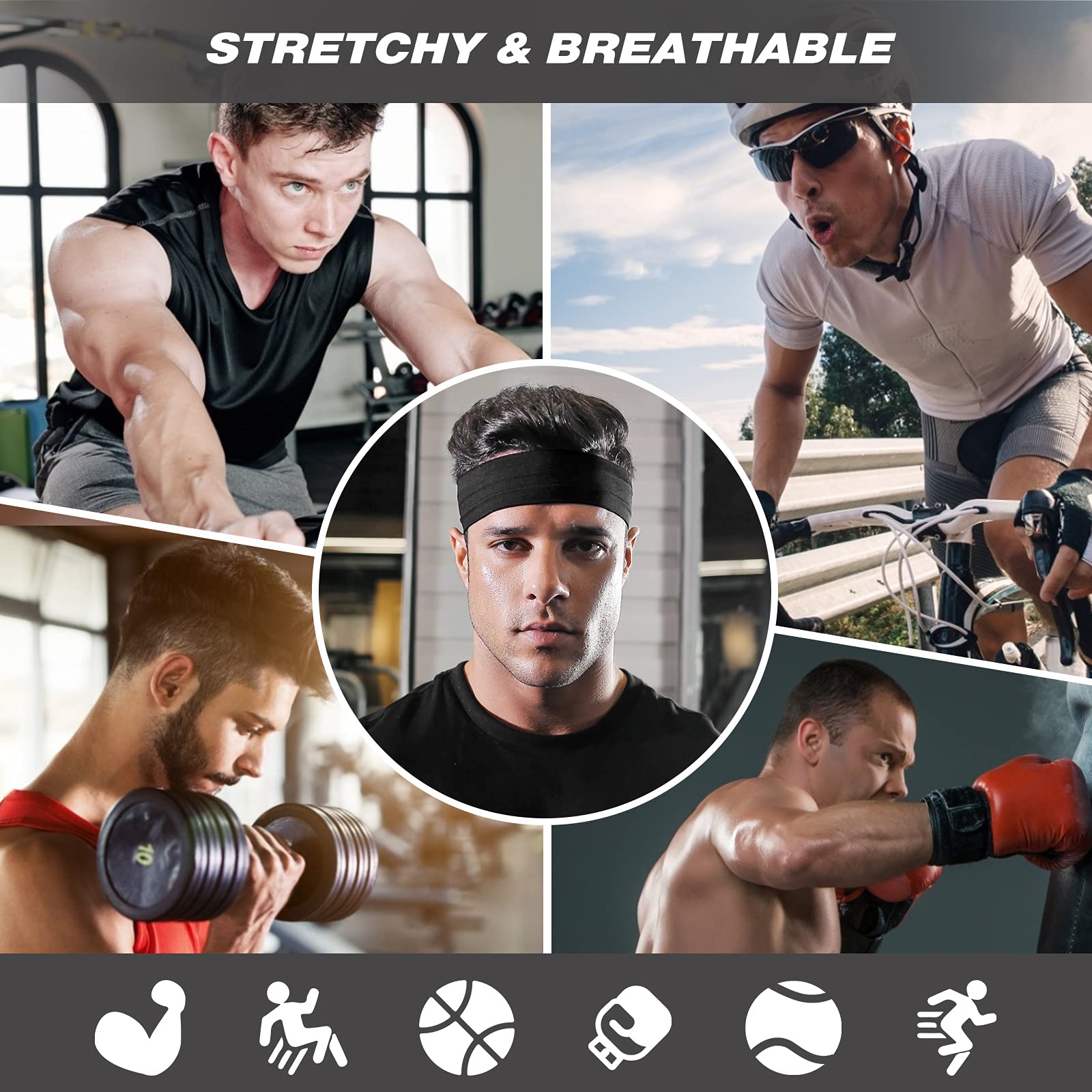 Vsiopy 4 Pack Running Headband for Men Non Slip Workout Sweatbands Adjustable Sports Headbands Moisture Wicking Workout Headbands