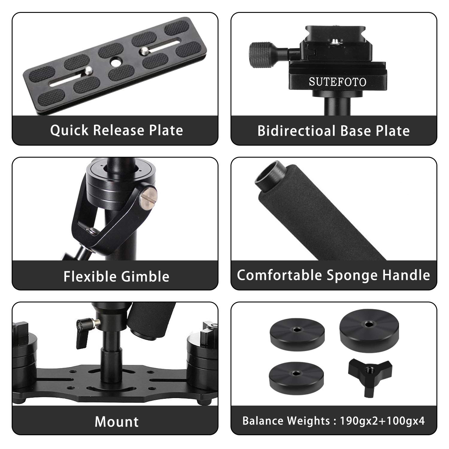 SUTEFOTO S40 Handheld Stabilizer Steadicam Pro Version for Camera Video DV DSLR Nikon Canon, Sony, Panasonic with Quick Release Plate (Black)