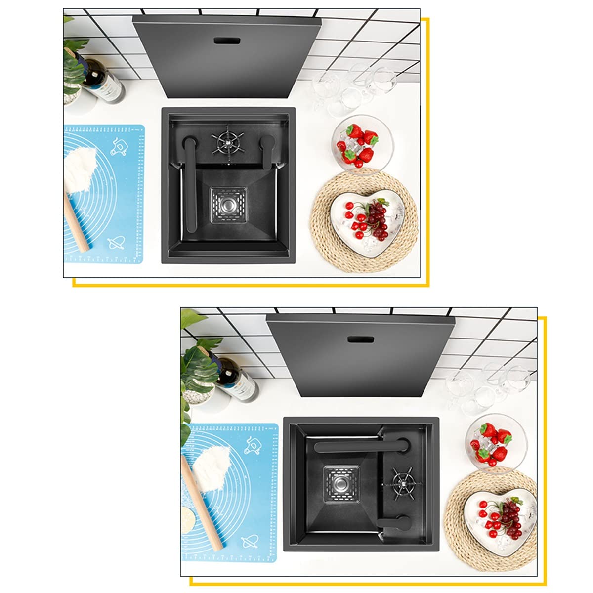 Single Bowl Kitchen Sinks With Cup Washer ,Single Bowl Stainless Steel Workstation Bar Sink with Glass Rinser, for home Hotel Cafe Restaurant,black