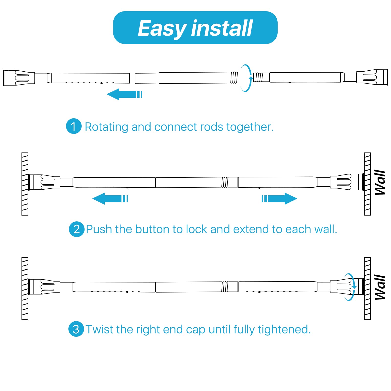 Shower Curtain Rod, 42-70 inch Adjustable Shower Curtain Rod No Drilling for Bathroom, Never Fall Shower Rod Wall Mounted, Easy Install & Rust Proof, Black