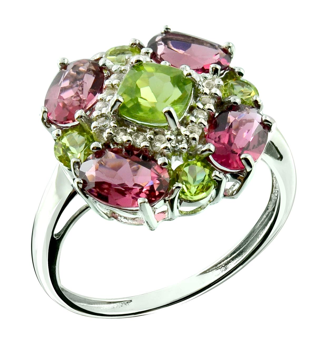 RB Gems Sterling Silver 925 Ring GENUINE GEMS Cushion 5 mm, Rhodium-Plated Finish, Floral Cluster Design (10, peridot)