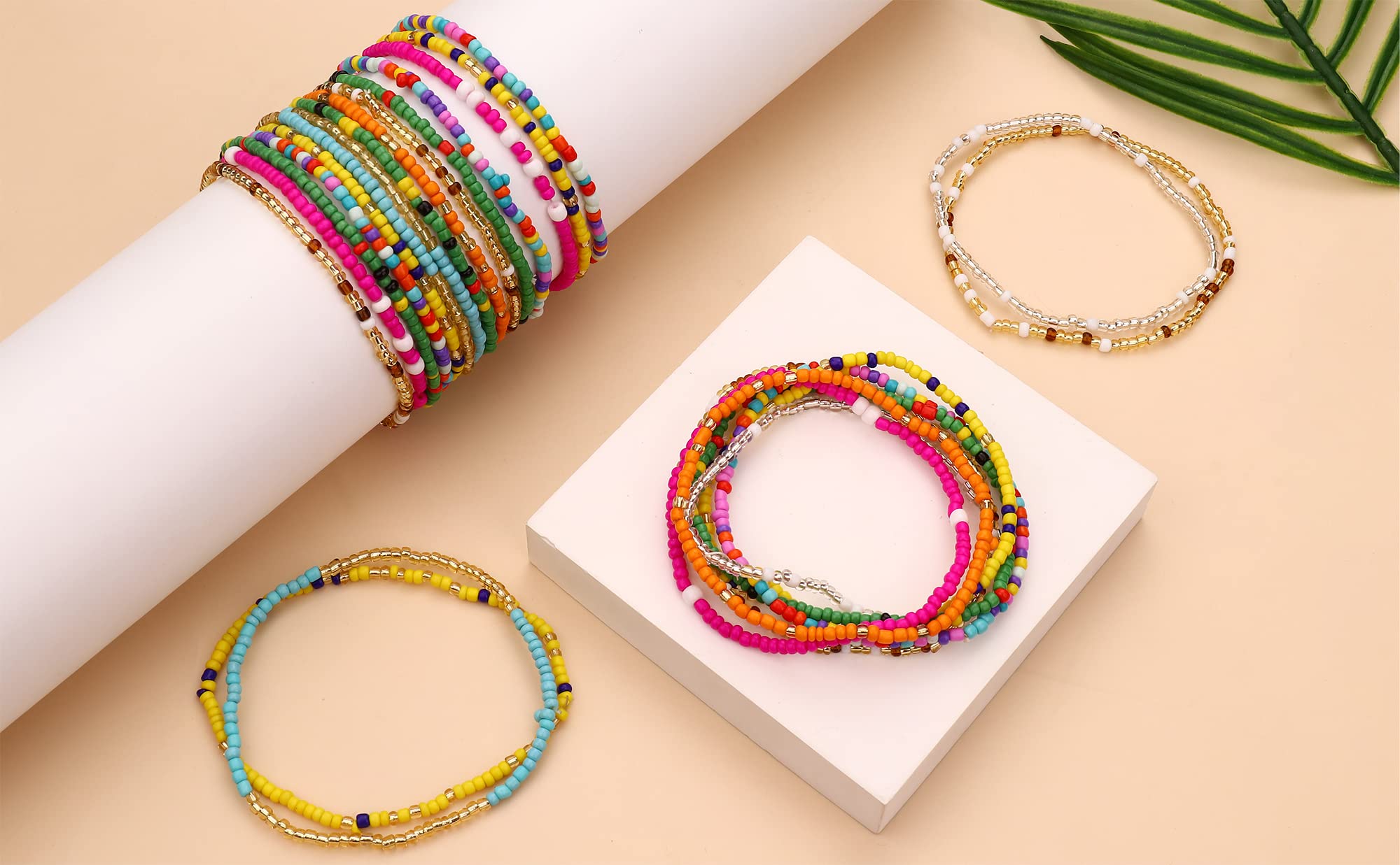 Subiceto 36Pcs Beaded Anklets for Women Teens Handmade African Elastic Beaded Anklet Multicolor Boho Layered Beads Ankle Bracelets Set Adjustable Colorful Stretch Summer Foot Jewelry