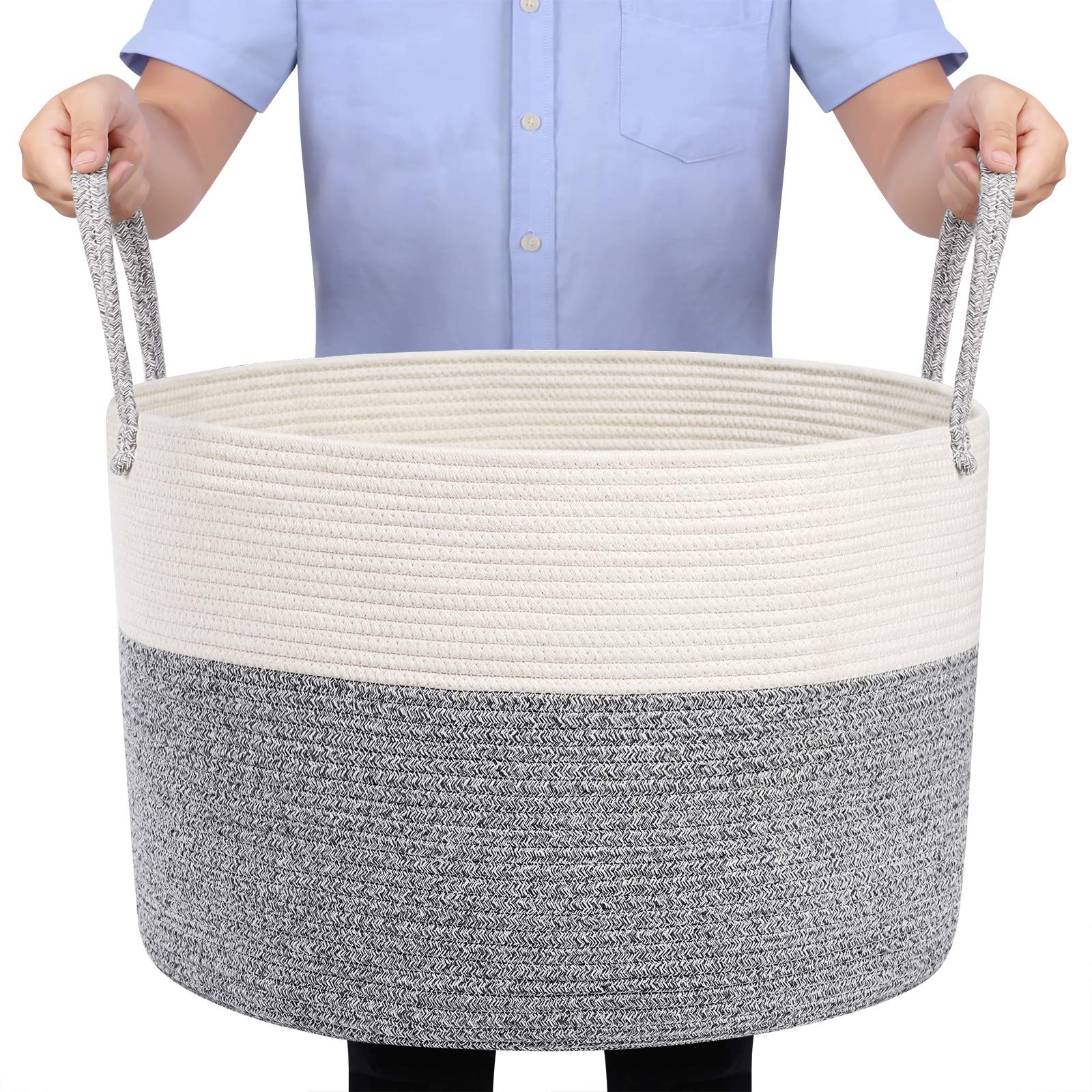 SONGMICS Cotton Rope Basket Storage with Handles, Laundry Hamper for Clothes, Blankets, Living Room, Bedroom, Gray + Beige