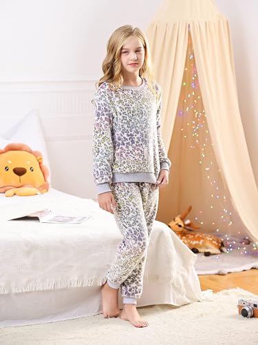 V.&GRIN Girls Fleece Pajamas, Soft Cozy Pullover Sweatshirt Pants Set for Kids 7-16 Years(Leopard 7-8)
