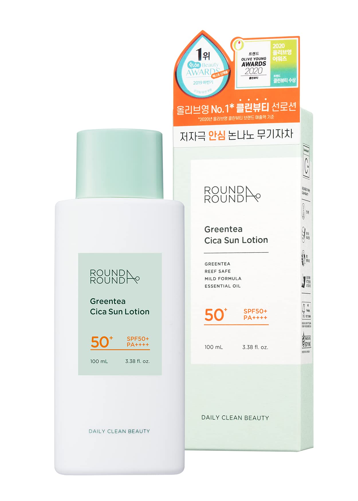 ROUND A'ROUND Green Tea Cica Sun Lotion SPF 50 (3.38 oz, 100ml) | Reef Safe, Daily, UV Protection, No White Cast, Moisturizing, Soothing, Weightless Sunscreen