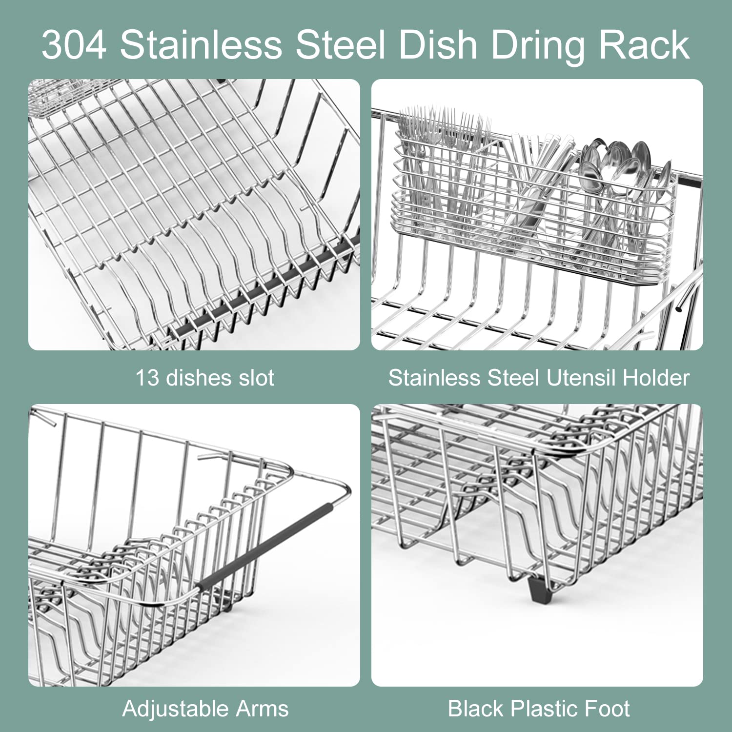 Sink Dish Drying Rack, 304 Stainless Steel Rustproof Expandable Dish Drainer Organizer with Stainless Steel Silverware Holder Over Inside Sink-Adjustable 14.96" to 20.59" (Maximium 13 Upright Dishes )