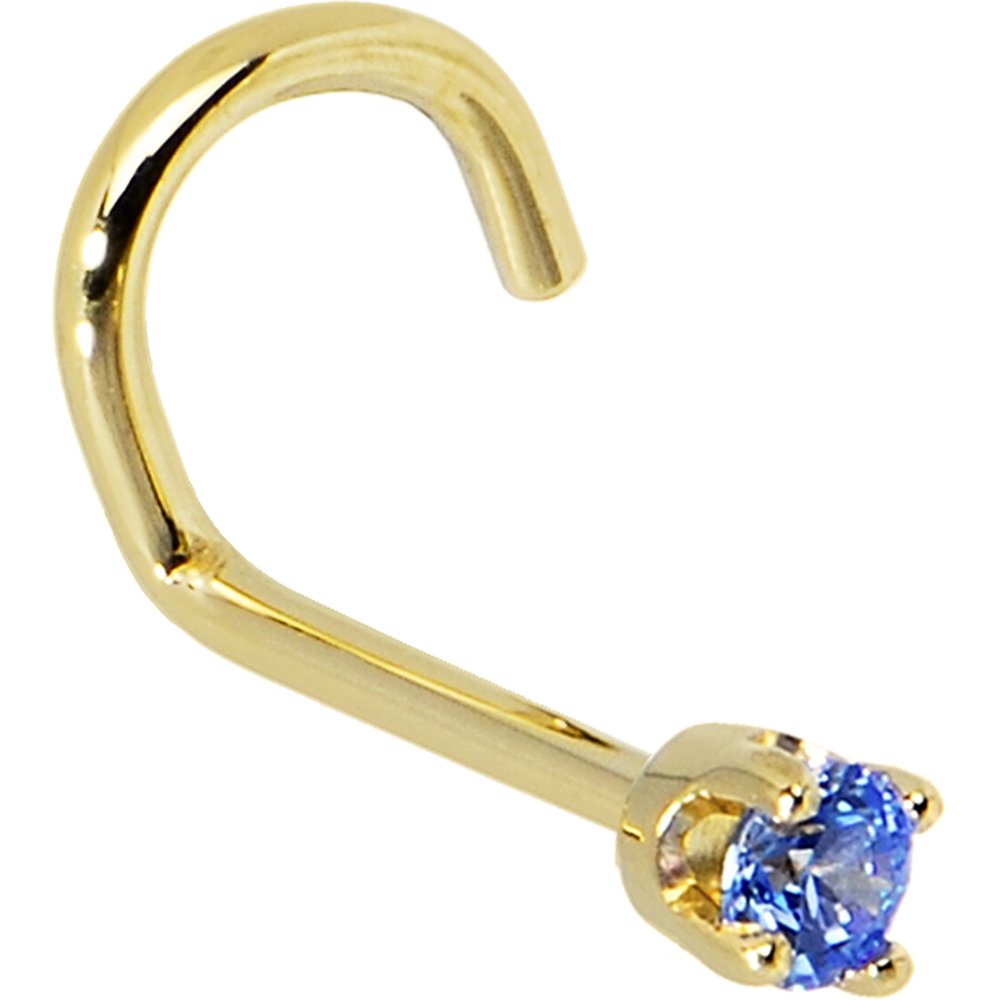 Solid 14k Yellow Gold 2mm Arctic Blue Cubic Zirconia Left Nose Stud Screw 20 Gauge 1/4"