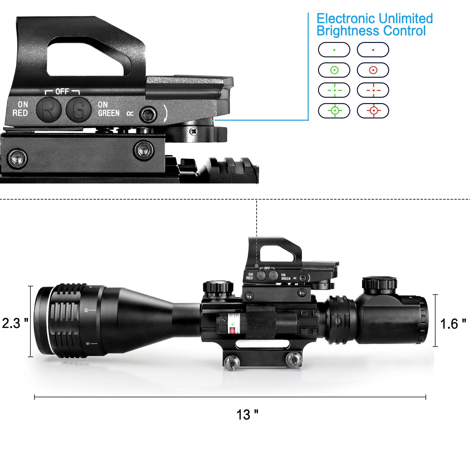 XOPin 4-16x50AO Rifle Scope Combo Dual Illuminated with Green Laser Sight 4 Holographic Reticle Red/Green Dot for Weaver/Rail Mount