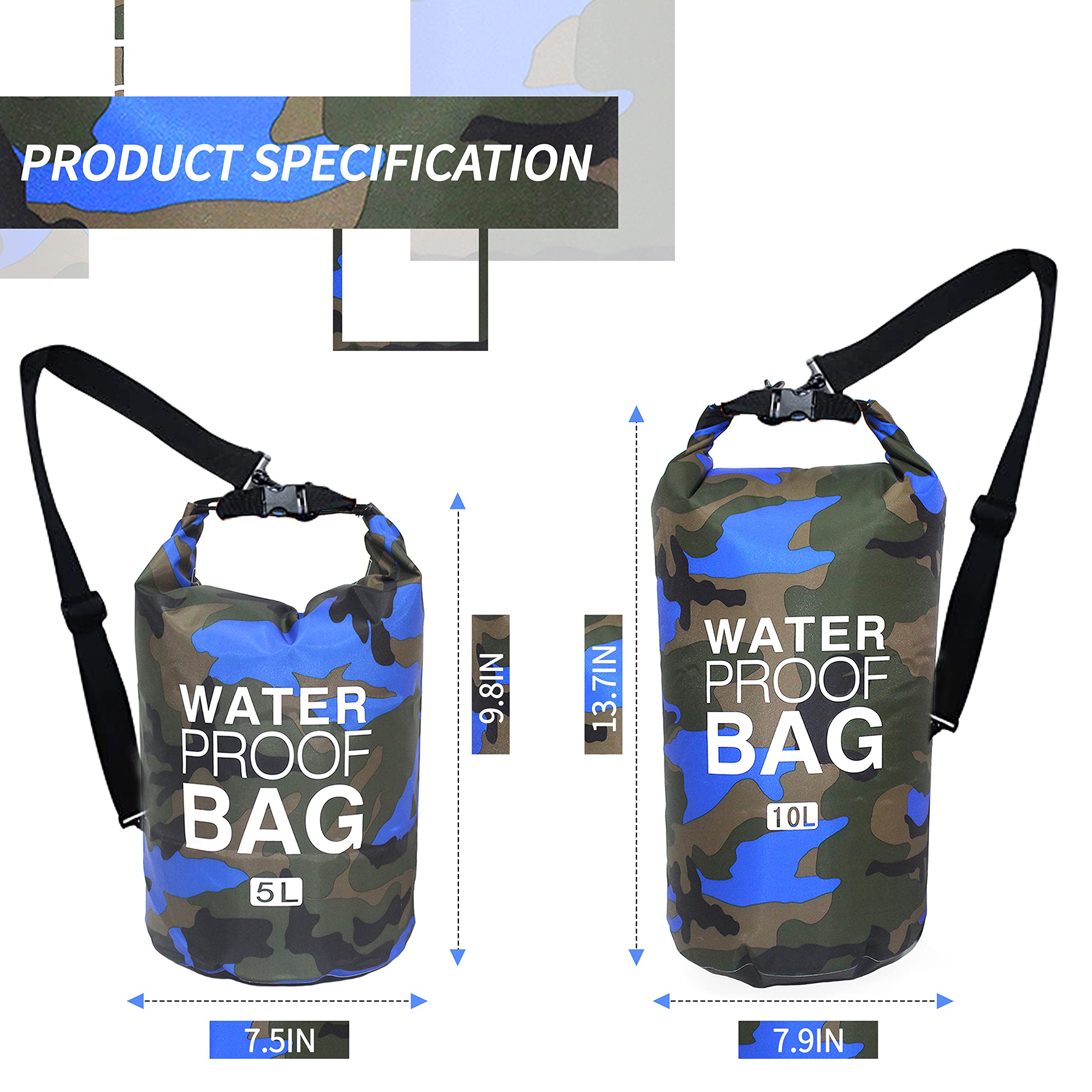 Waterproof Dry Bag with Waterproof Phone Case, 10L/ 20L/ 5L&10L, Roll Top Dry Compression Sack Keeps Gear Dry for Beach, Kayaking, Fishing, Hiking, Rafting,Camping and Boating (Blue, 5L&10L)