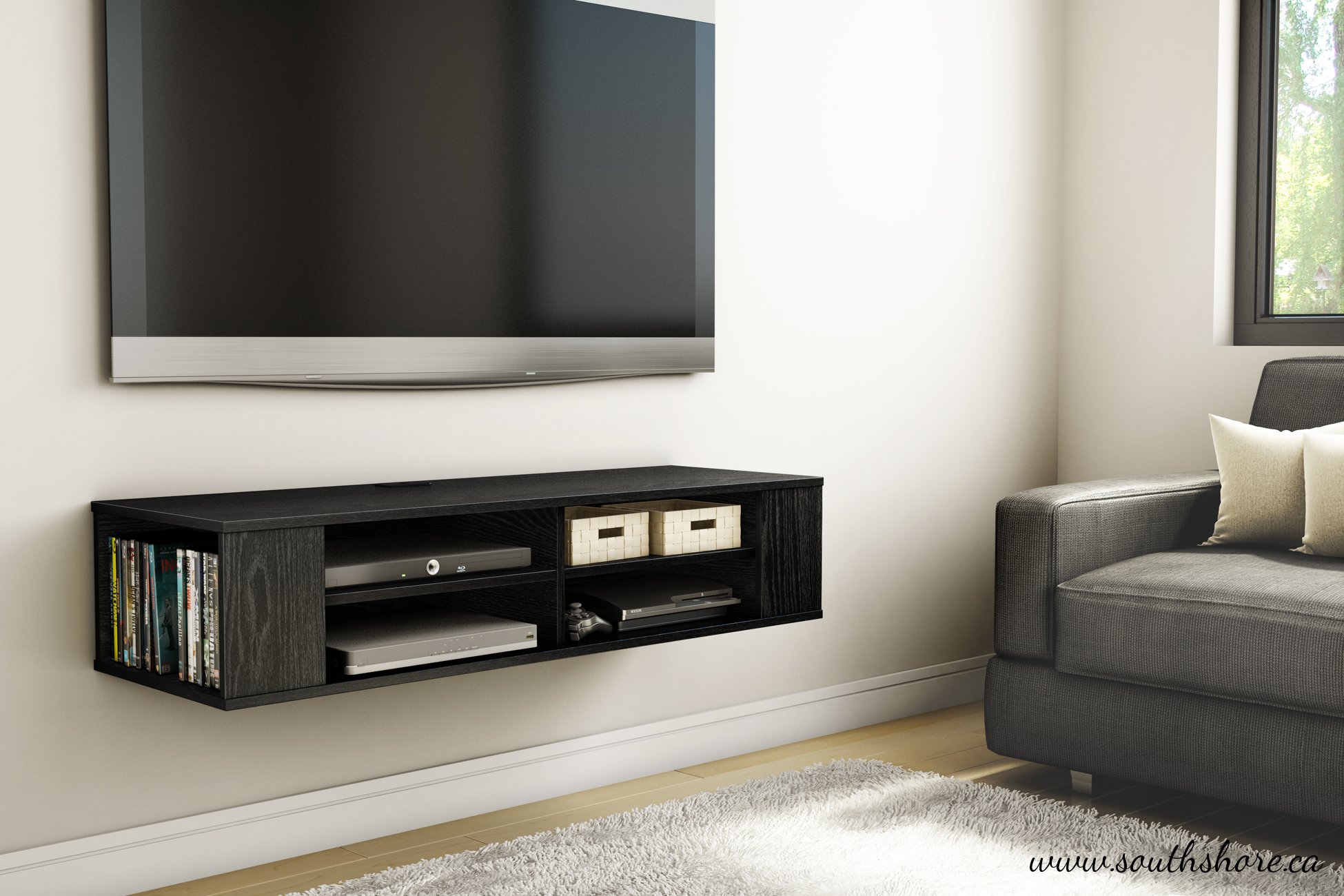 South Shore City Wall Mounted Media Audio/Video Console, Natural Walnut