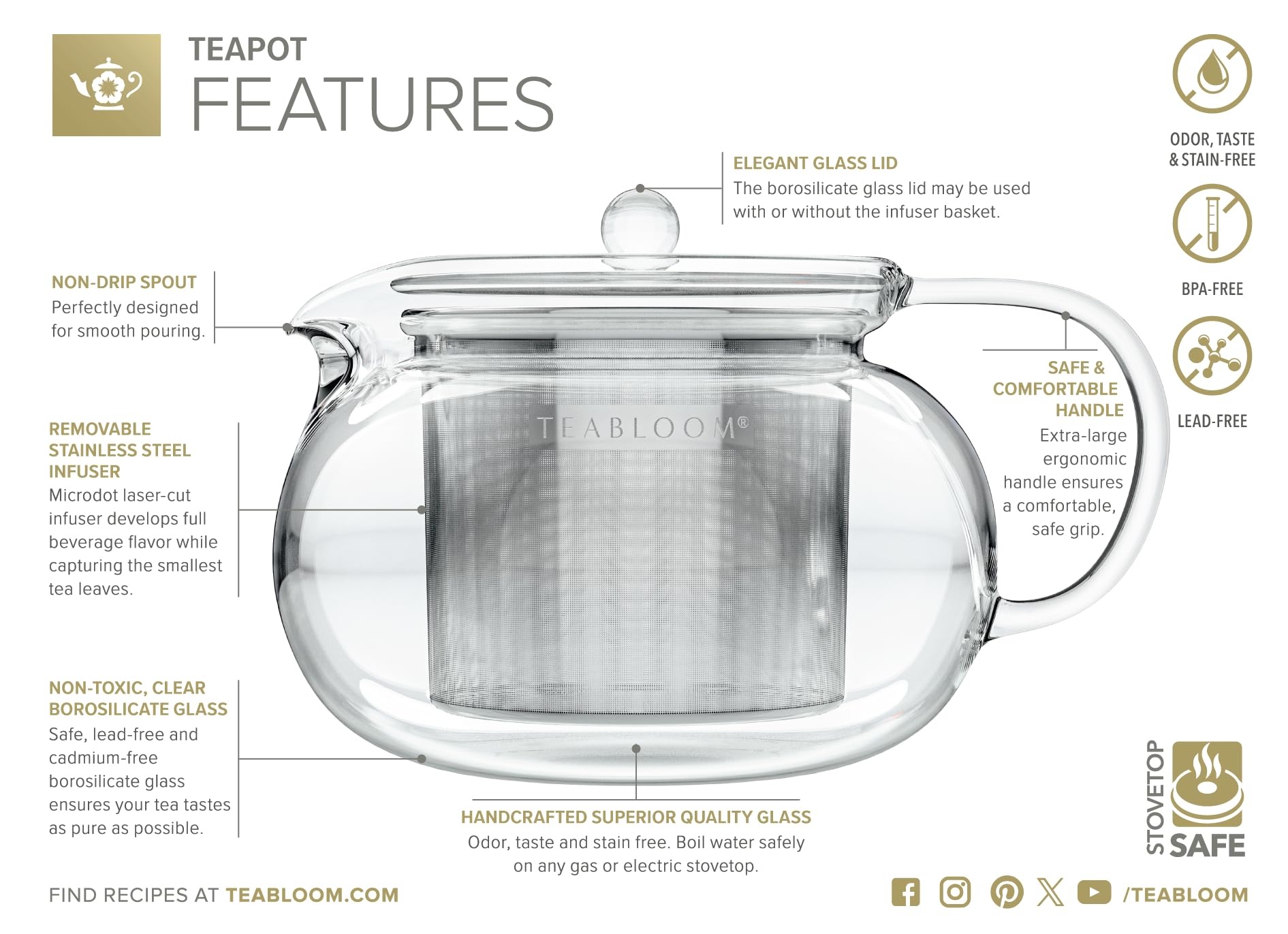 Teabloom Kyoto 2-in-1 Tea Kettle/Tea Maker β Heatproof Glass Teapot with Removable Loose Tea Filter β Tea Connoisseur's Choice