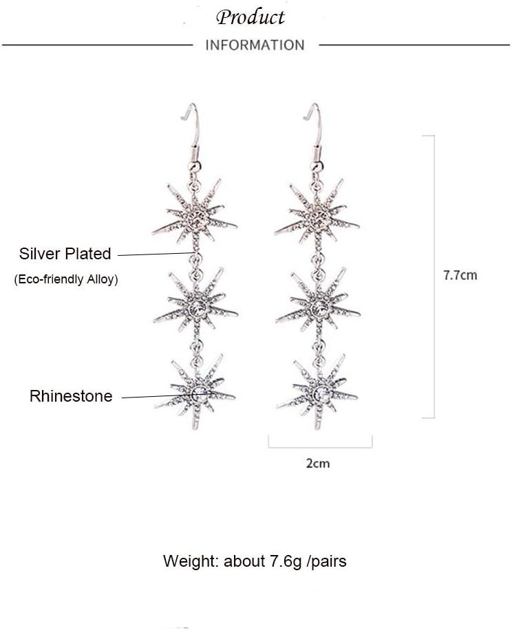Star Drop Dangle Earrings Crystal Snowflake Earrings for Woman Silver Winter Party Christmas Wedding Women's Jewelry Tengkou (silver-plated-base)