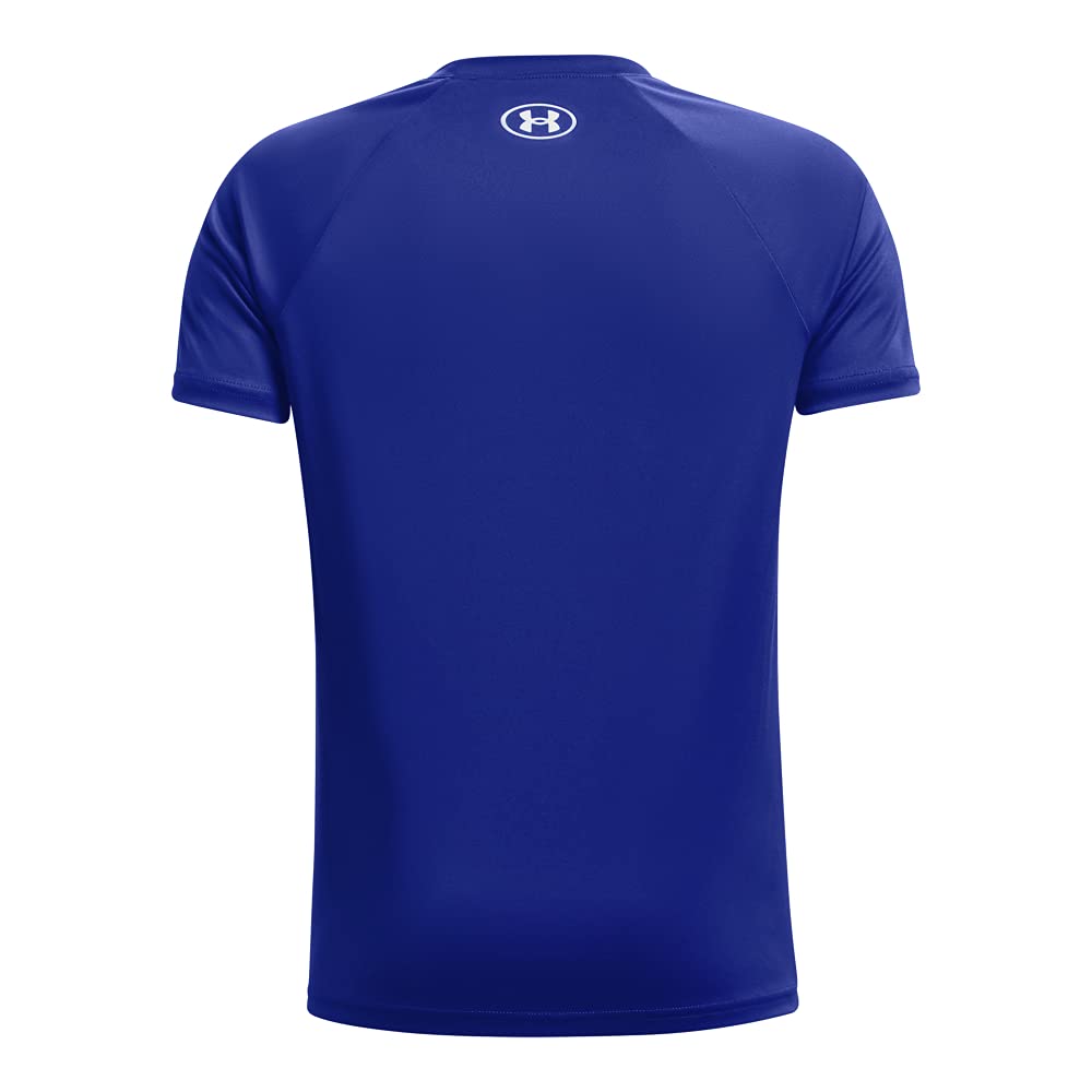Under Armour Boys' Tech Wordmark Symbol Short-Sleeve T-Shirt, Royal (400)/Cruise Blue, Youth Medium