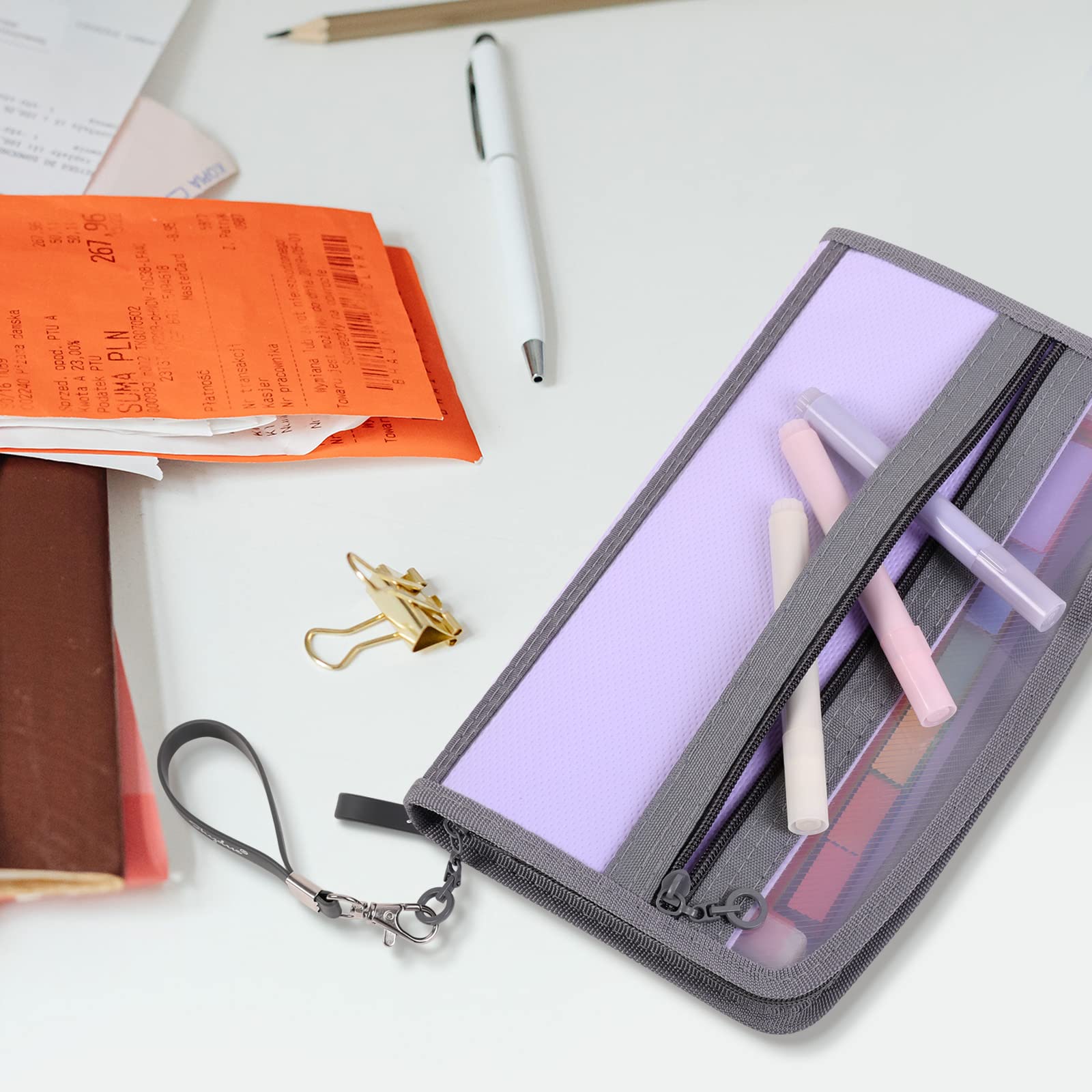 SKYDUE Small Accordion File Organizer, Receipt Coupon Organizer, Holds 9-1/2"x 4-1/2", 13 Pockets File Folder for Small Business, Zipper Closure, Purple