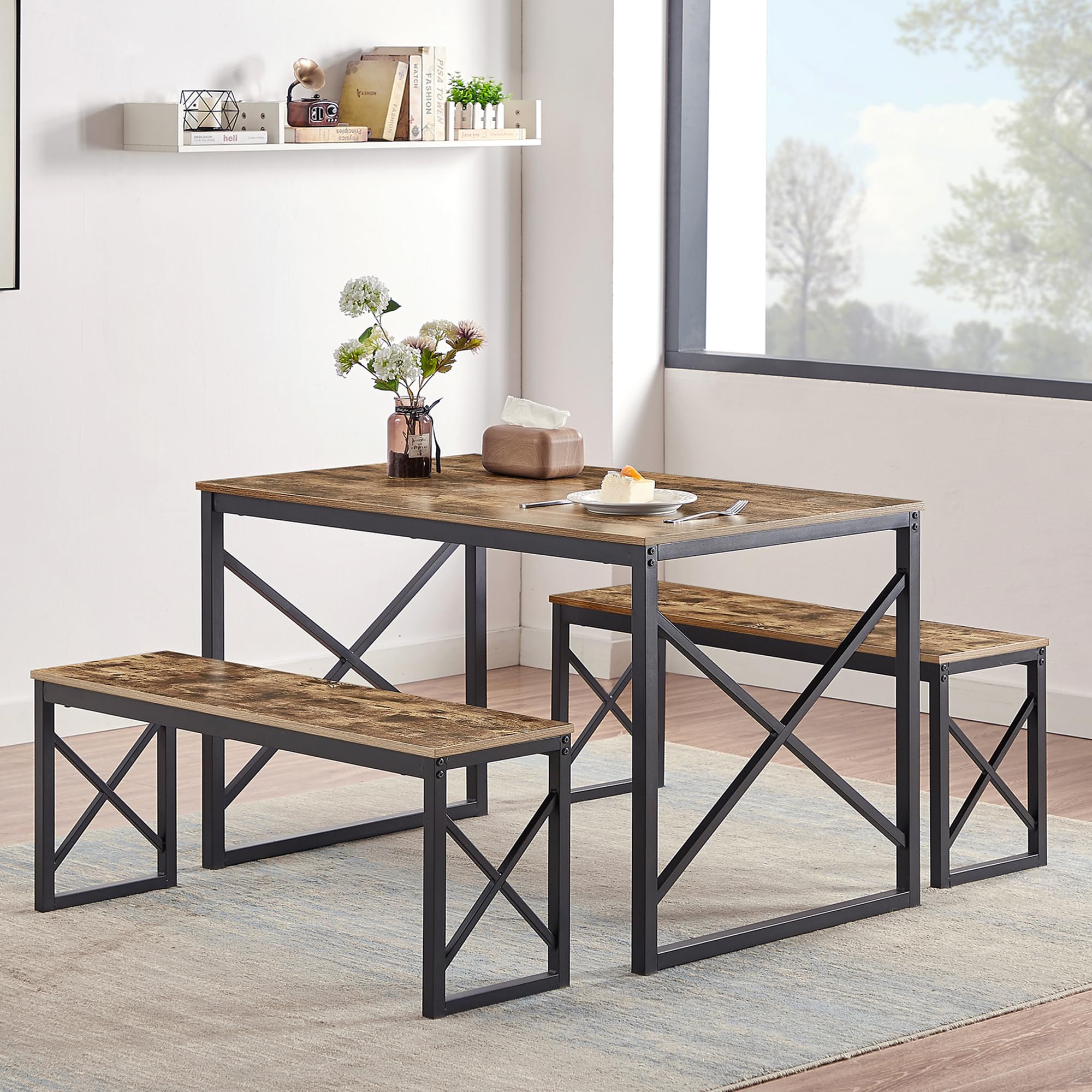 VECELO 43.3 Inch Dining Table Set for 4, Rectangle Dinner Breakfast Dinette with 2 Benches, Thickened Metal Frame & Board, for Kitchen, Living Room, and Small Space, 43.3", Rustic Brown