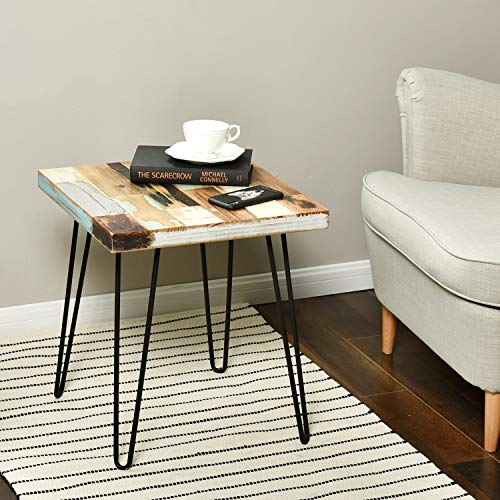 WELLAND Side Table Reclaimed Wood, Round Hairpin Leg End Table, Night Stand, Recycled Boat Wood, 20" Tall