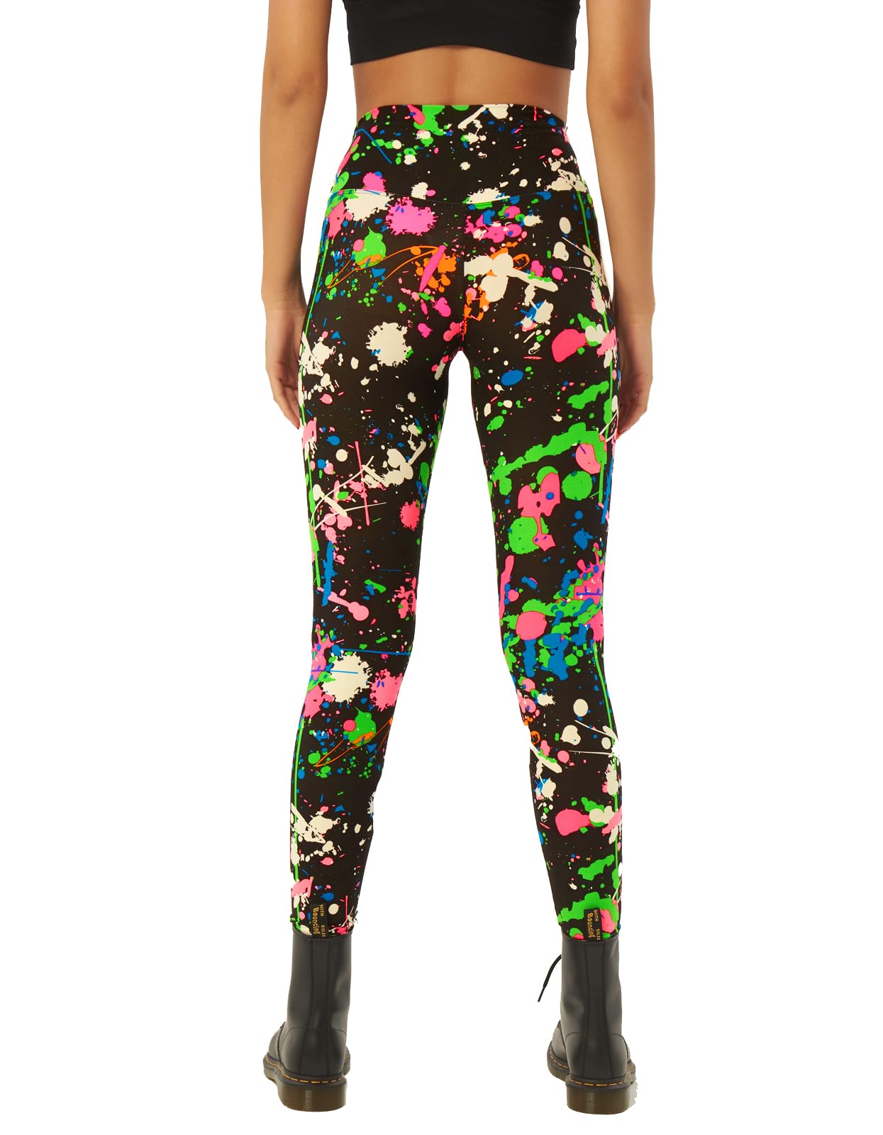 sissycos Women's 80s Neon Crossover Leggings Artistic Splash High Waisted Buttery Soft Printed Tights (Neon Fusion Splash, Large)