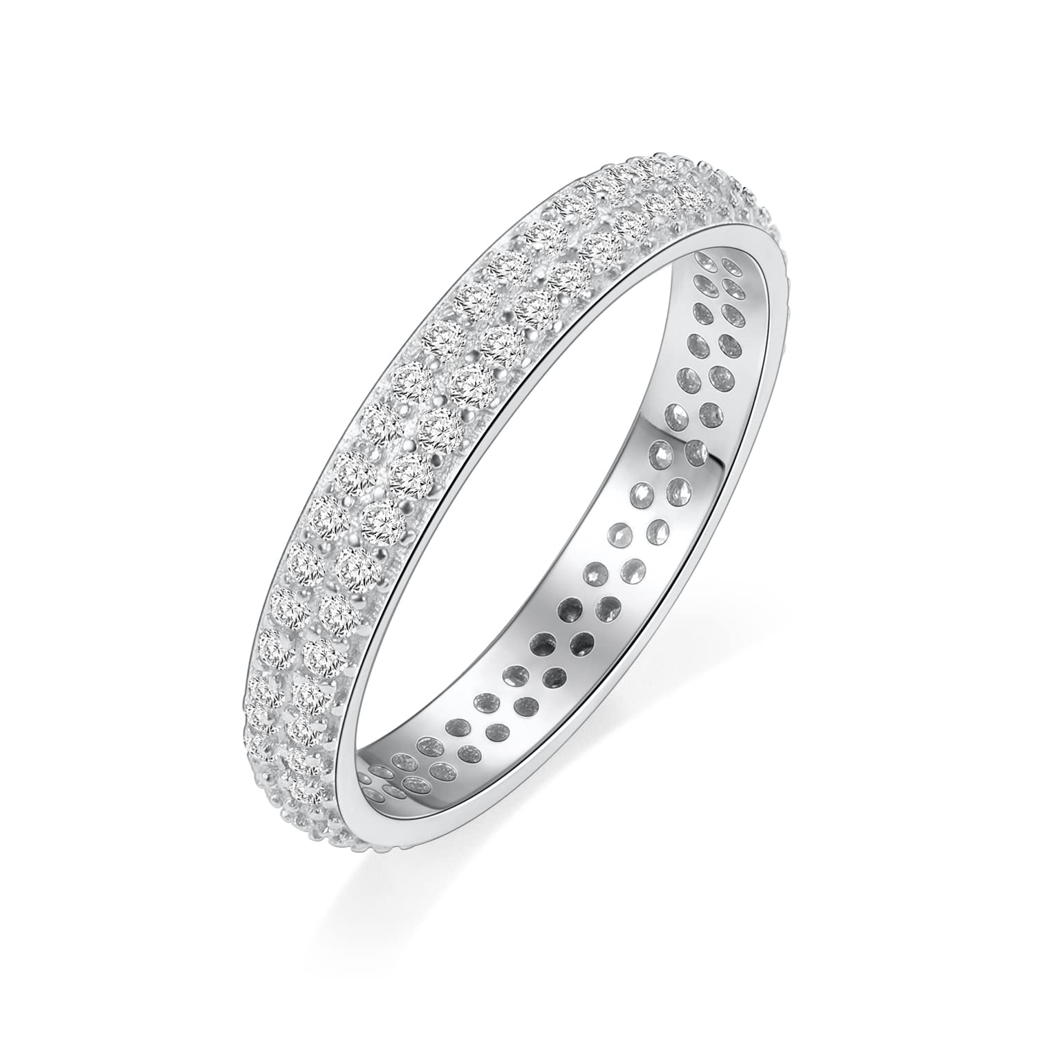Vinjewelry Moissanite Ring 3.3mm Double Row Full Eternity Wedding Band In 18k White Gold Plated Sterling Silver Stackable Eternity Band Engagement Ring for Women Size 7