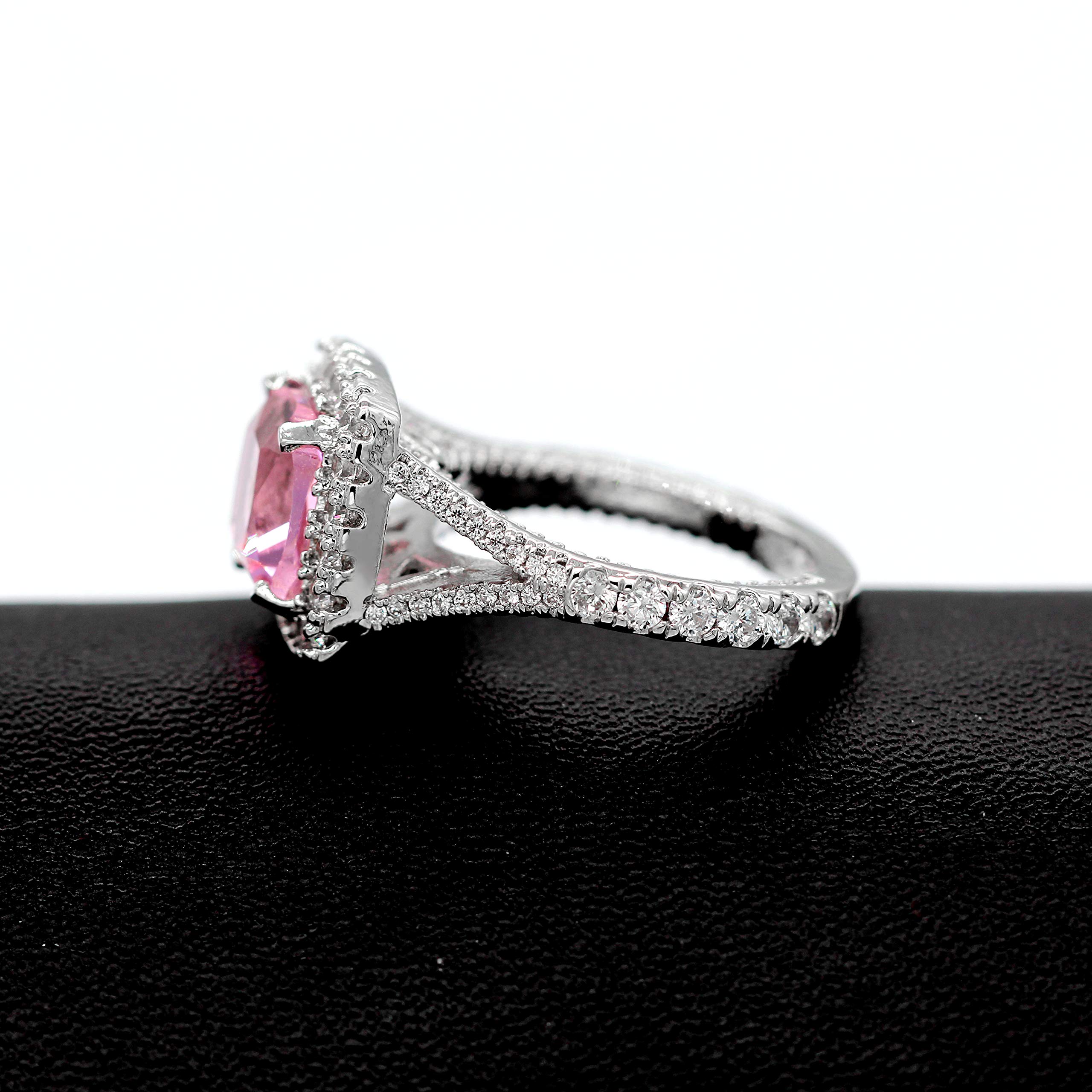 Uloveido Women's Silver Color 3 Carats Cushion Cut CZ Elegant Ring Big Pink Crystal Square Wedding Engagement Bridal Rings Halo Y586 (Size 7)