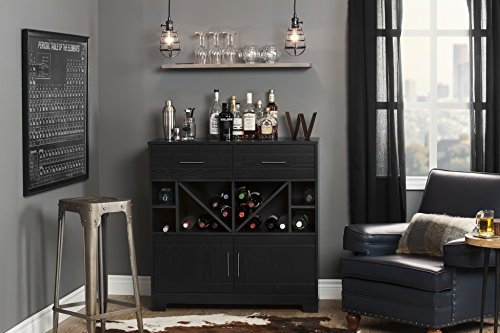 South Shore Vietti Bar Cabinet with Liquor and Wine Bottle Storage with Drawers, Black Oak with Metal Handles