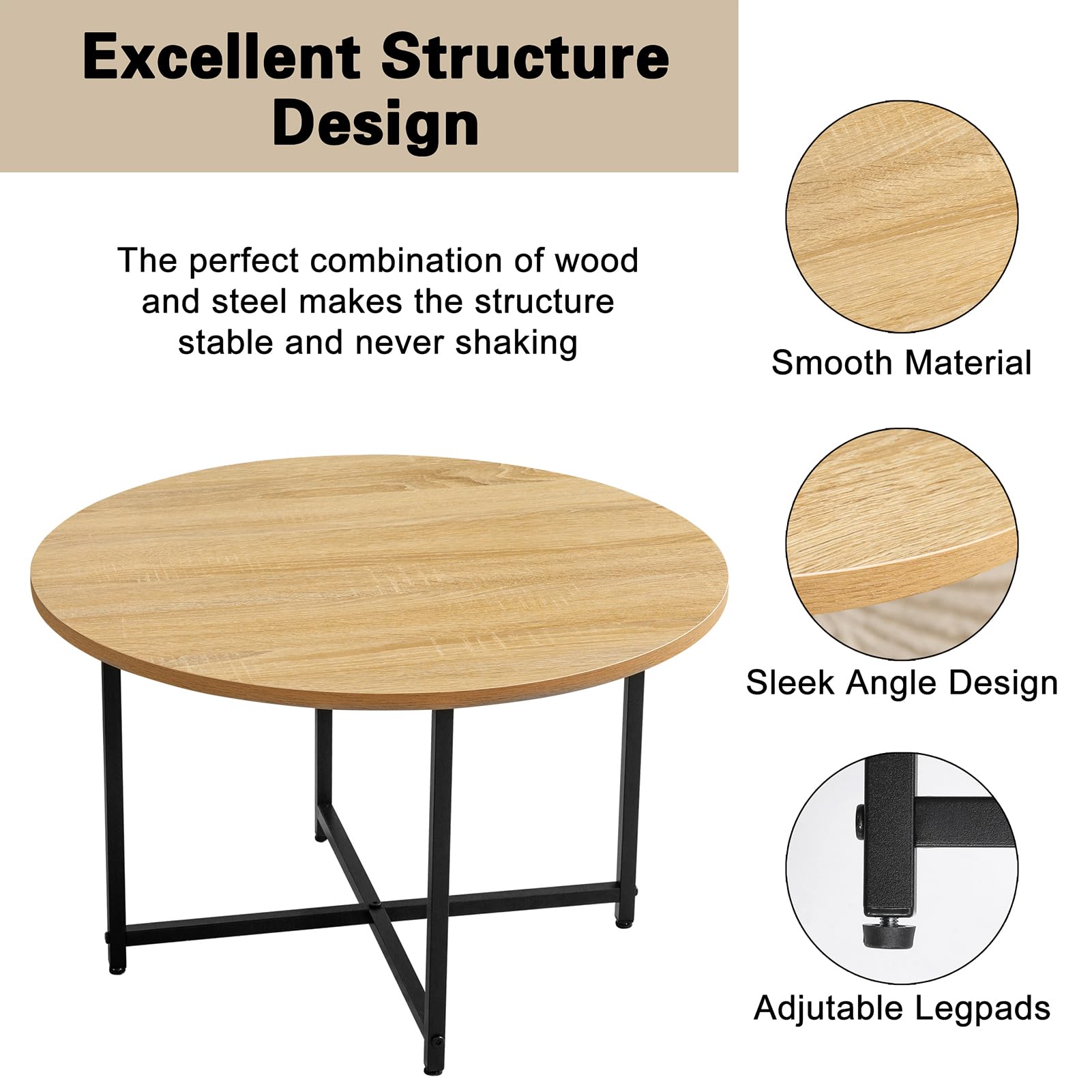 Round Coffee Table with Rustic Wooden Top & Sturdy Metal Legs Sofa Couches Table Side Table End Table Accent Table for Living Room Balcony Kitchen Natural Modern Design Furniture (white oak)