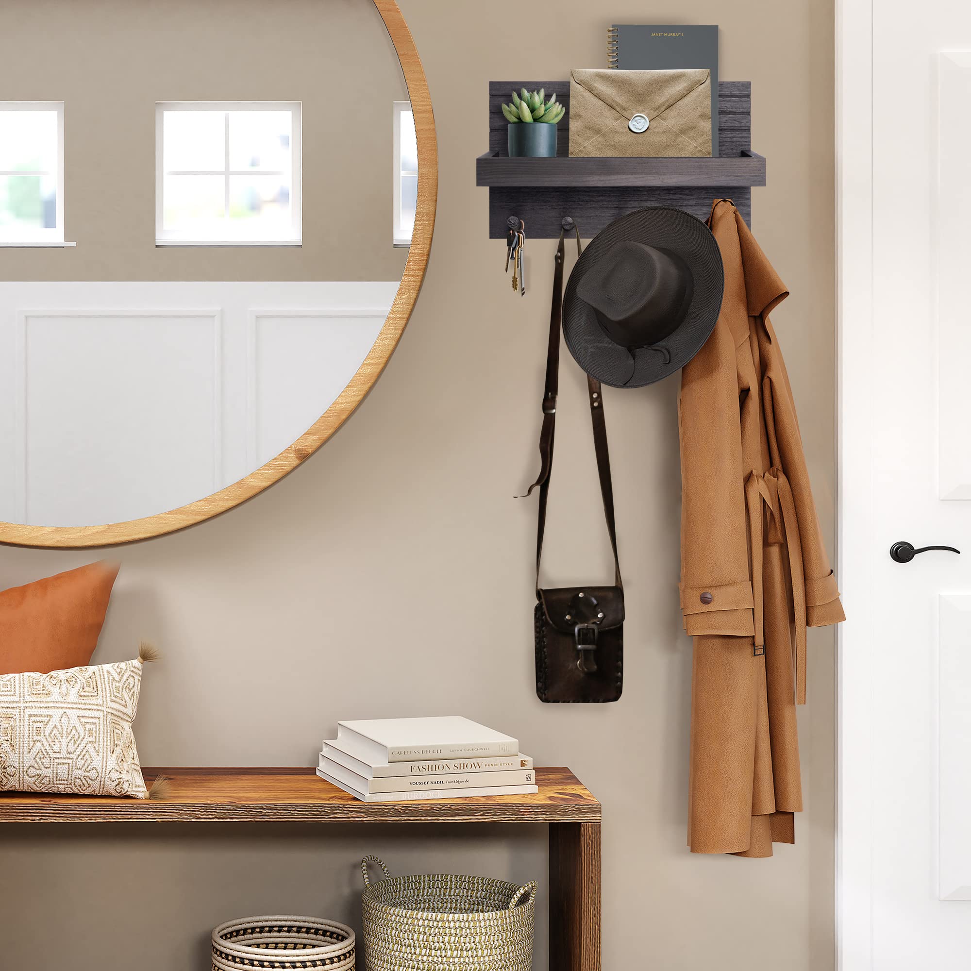 TITIANTY Mail and Key Holder Wall Mounted: Wooden Mail Organizer Key Hanger with 5 Hooks - Small Key Hanging Rack Rustic Home Decor for Entryway Farmhouse Kitchen
