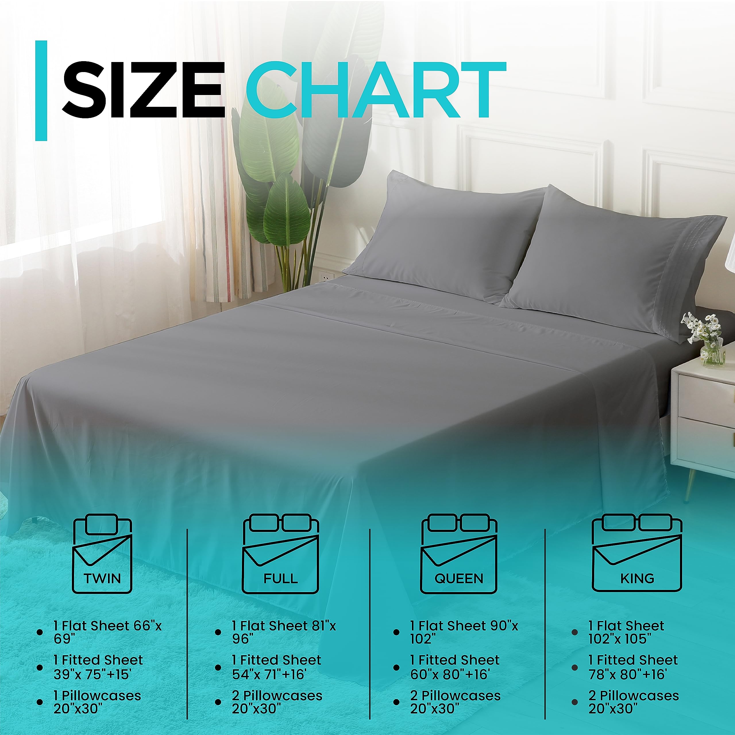 Queen Size Sheet Set Dark Grey Bed Sheet 4 PC Luxury Hotel Set Cooling Deep Fitted Pocket Buffy Sheet Adjustable Soft Beding Breathable Linen Microfiber High Thread Count Easy Care Bedroom Decor