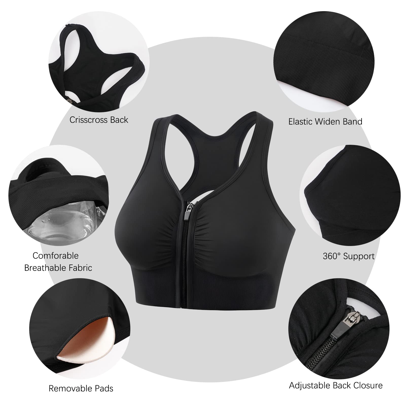 Unaone Sport Bras for Women, Soft Padded Breathable Seamless Comfort with Zipper for Running Workout Yoga Bra Black