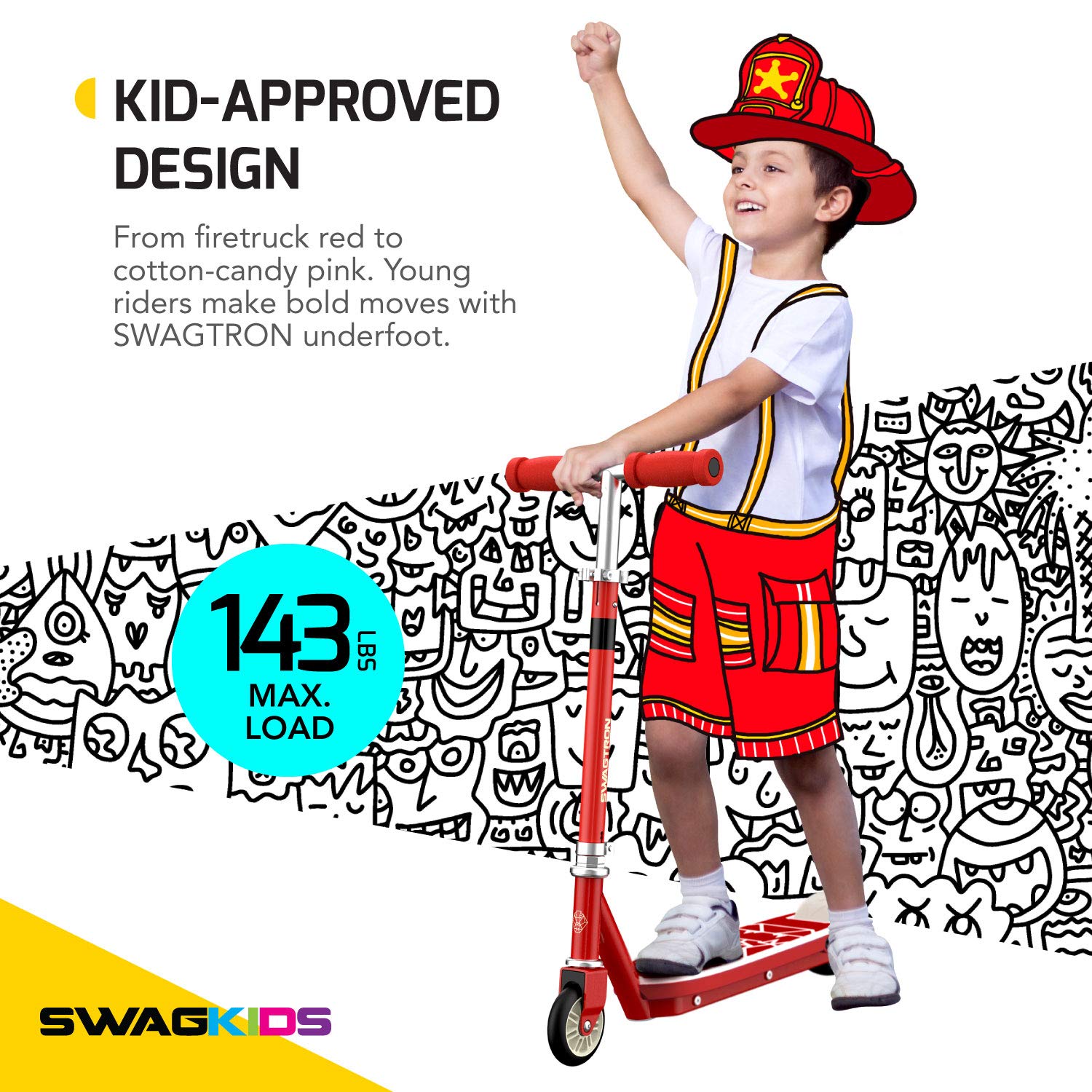 Swagtron SK1 Kick Start Electric Scooter for Kids with Extended Life Battery, ATSM Certified, Adjustable, Ages 5+, Firetruck Red