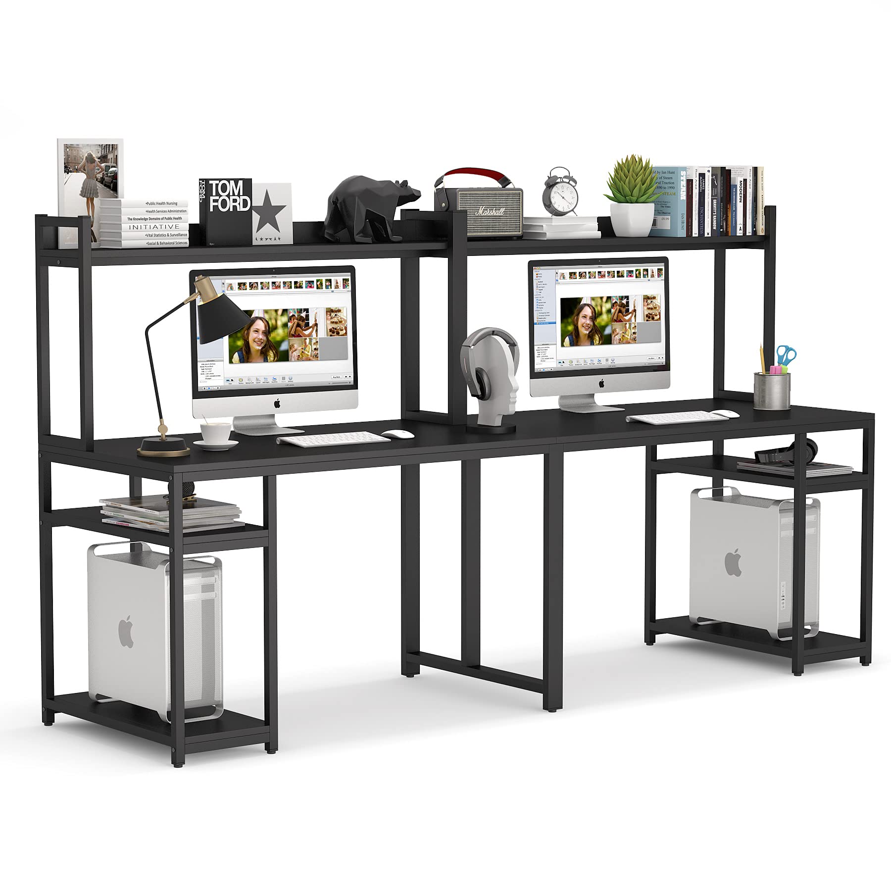 Tribesigns 94.5 inches Computer Desk with Hutch, Extra Long Two Person Desk with Storage Shelves, Double Workstation Office Desk Table Study Writing Desk for Home Office,Black